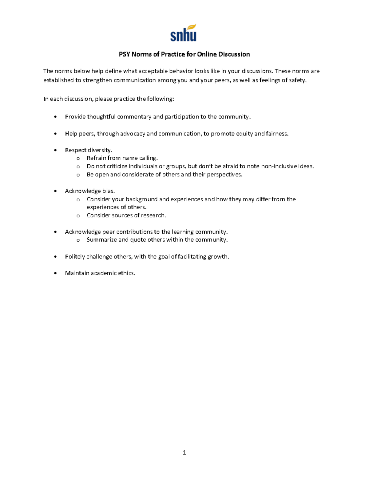 PSY 101 Norms for Effective Online Discussion Participation - Studocu