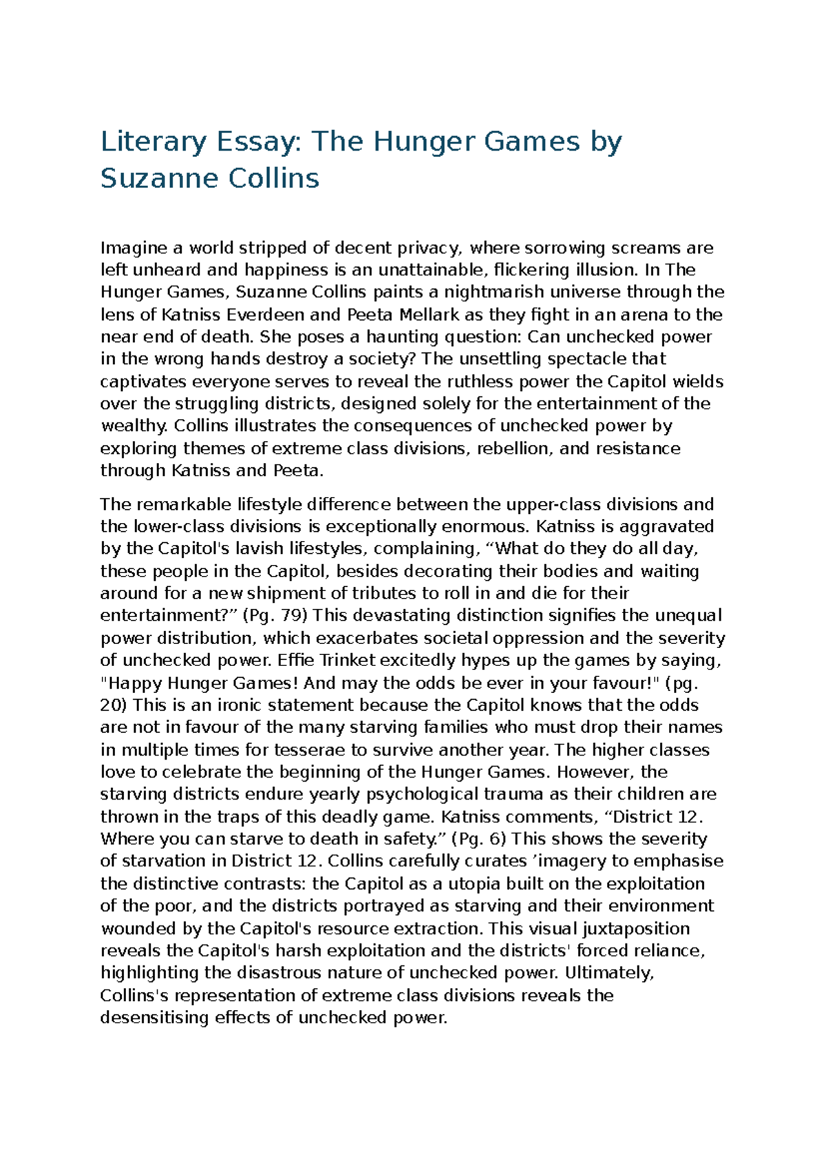 Literary Essay: Final Analysis of The Hunger Games (ENG 101) - Studocu