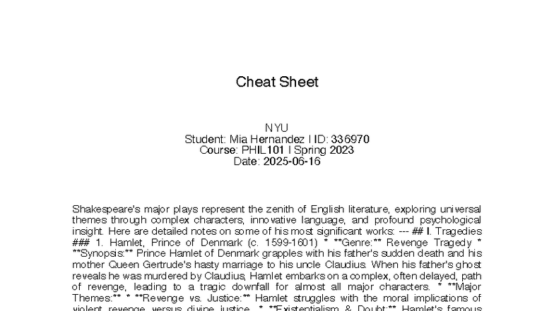 PHIL101 Spring 2023: Comprehensive Cheat Sheet on Hamlet and Tragedies ...