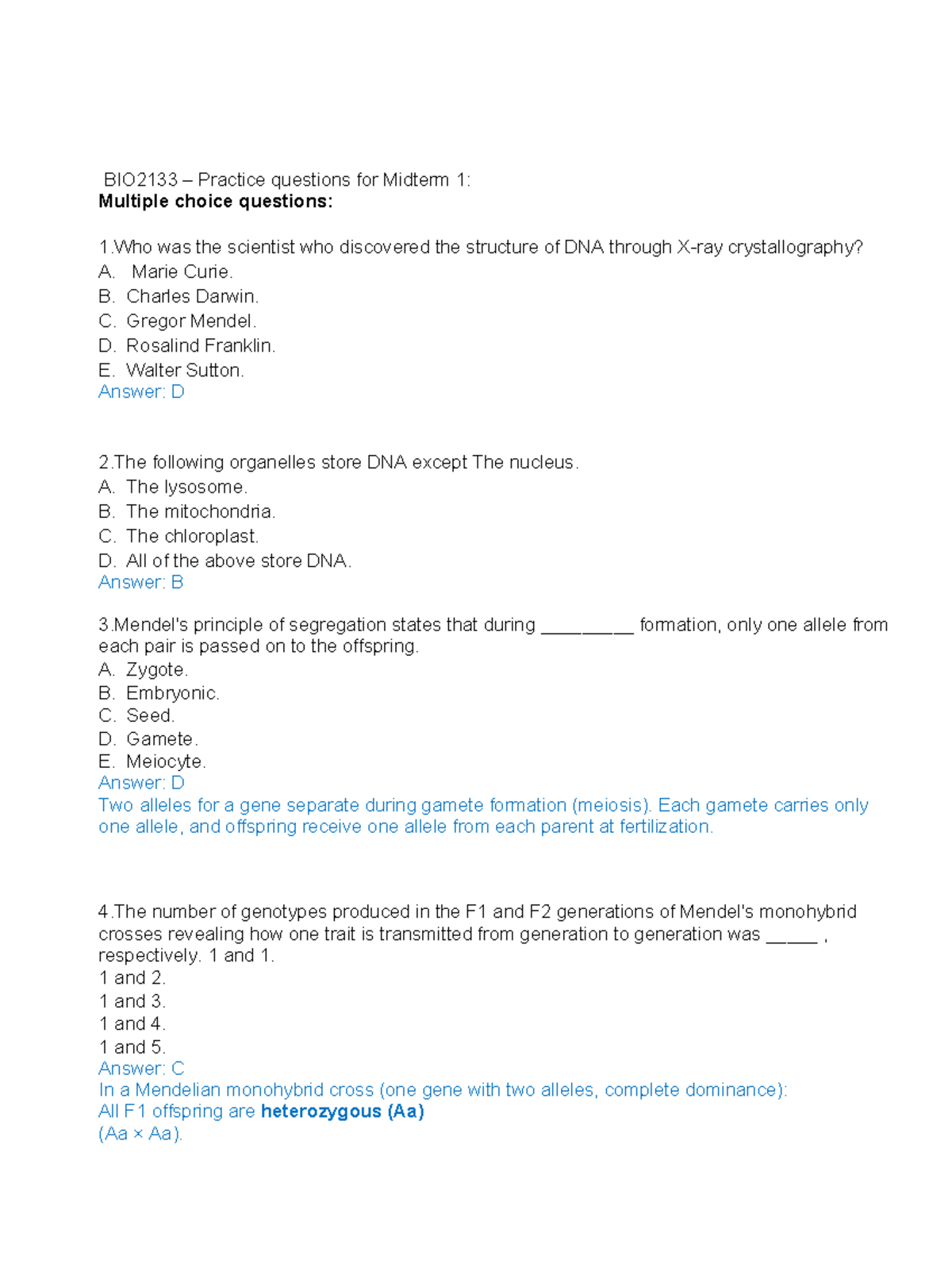 Practice Midterm 01 Answers for BIO2133: Genetics & Inheritance - Studocu