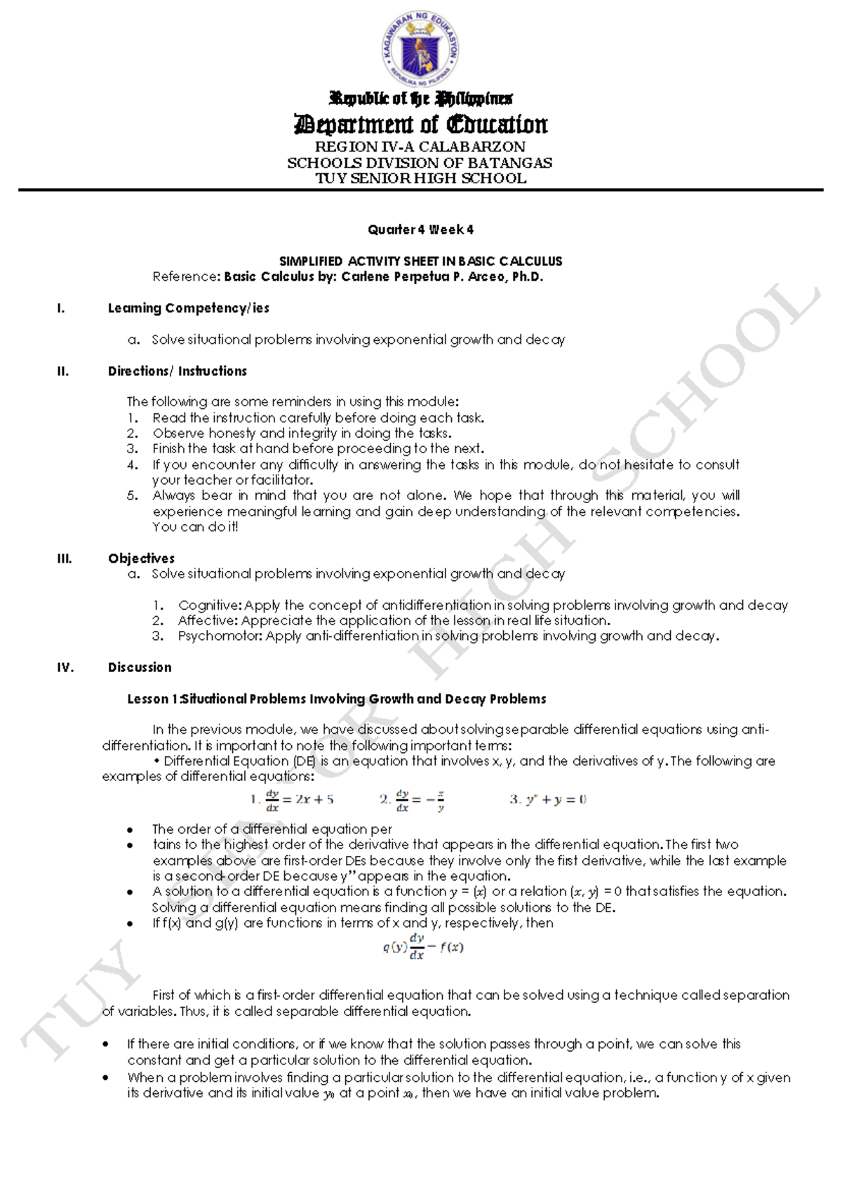 Basic Cal Q4W4 Situational Problems on Exponential Growth & Decay - Studocu