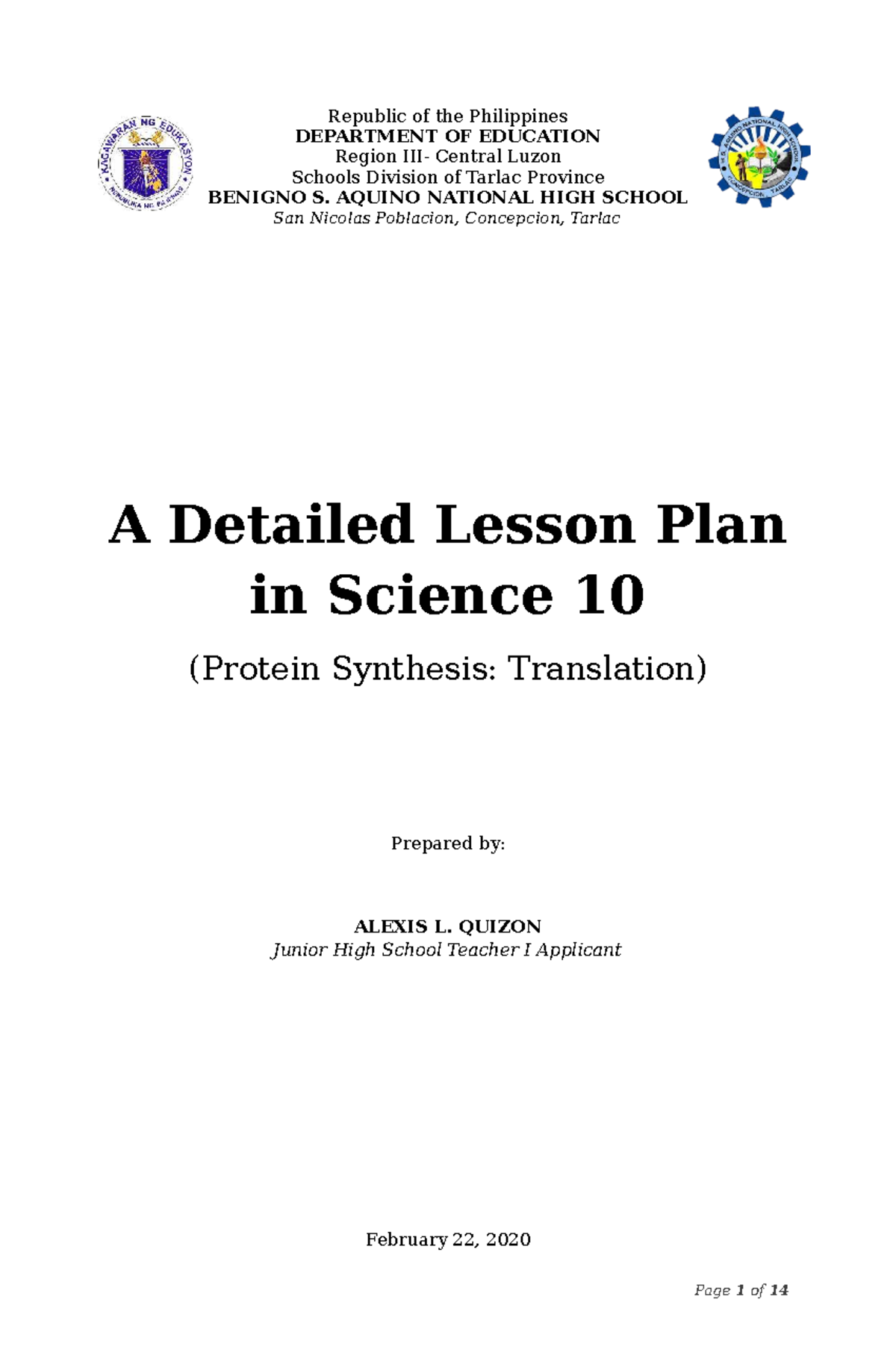 Detailed Lesson Plan: Science 10 - Protein Synthesis (Translation ...