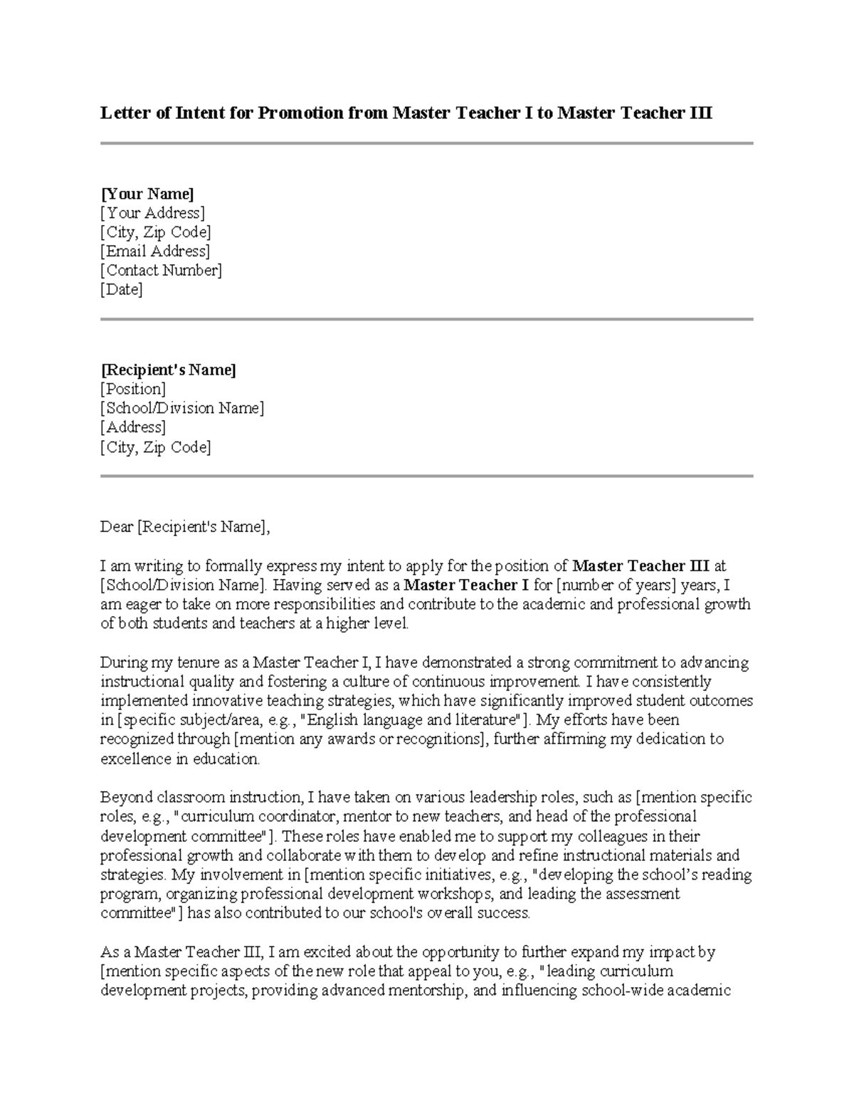 Letter of Intent: Promotion from Master Teacher I to III - Studocu