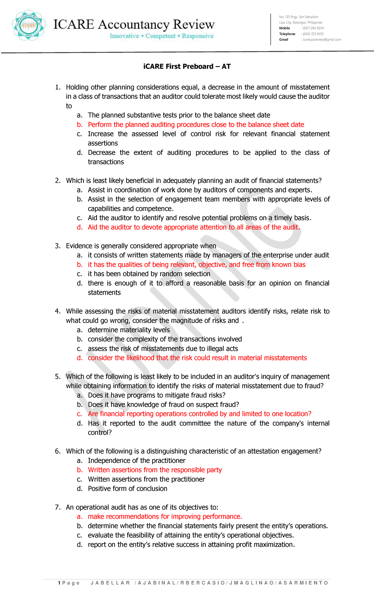 AT 1: Preboard Exam Questions and Answers for Auditing - Studocu