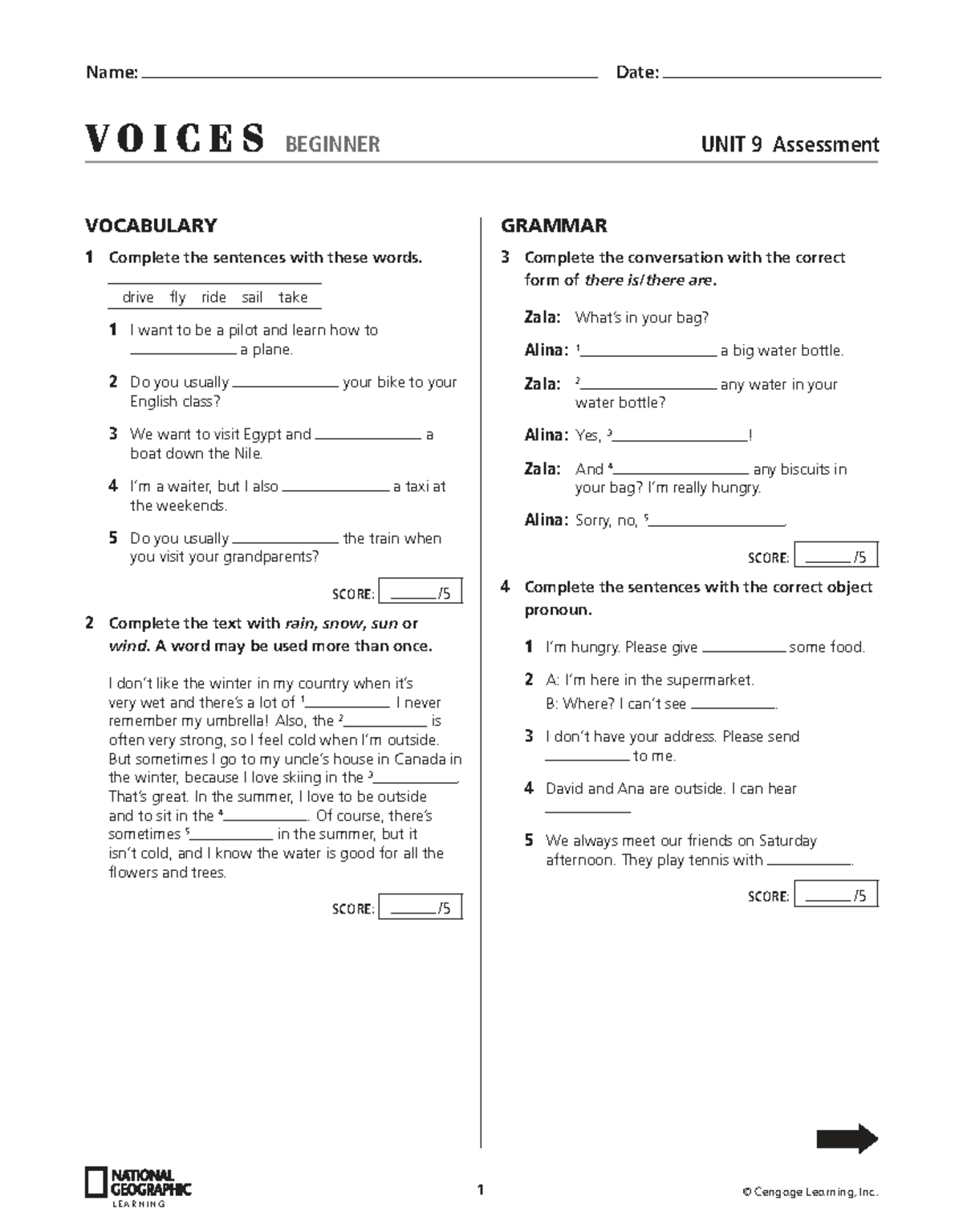 Voices Beginner U09 Assessment: Vocabulary, Grammar & Reading Test ...