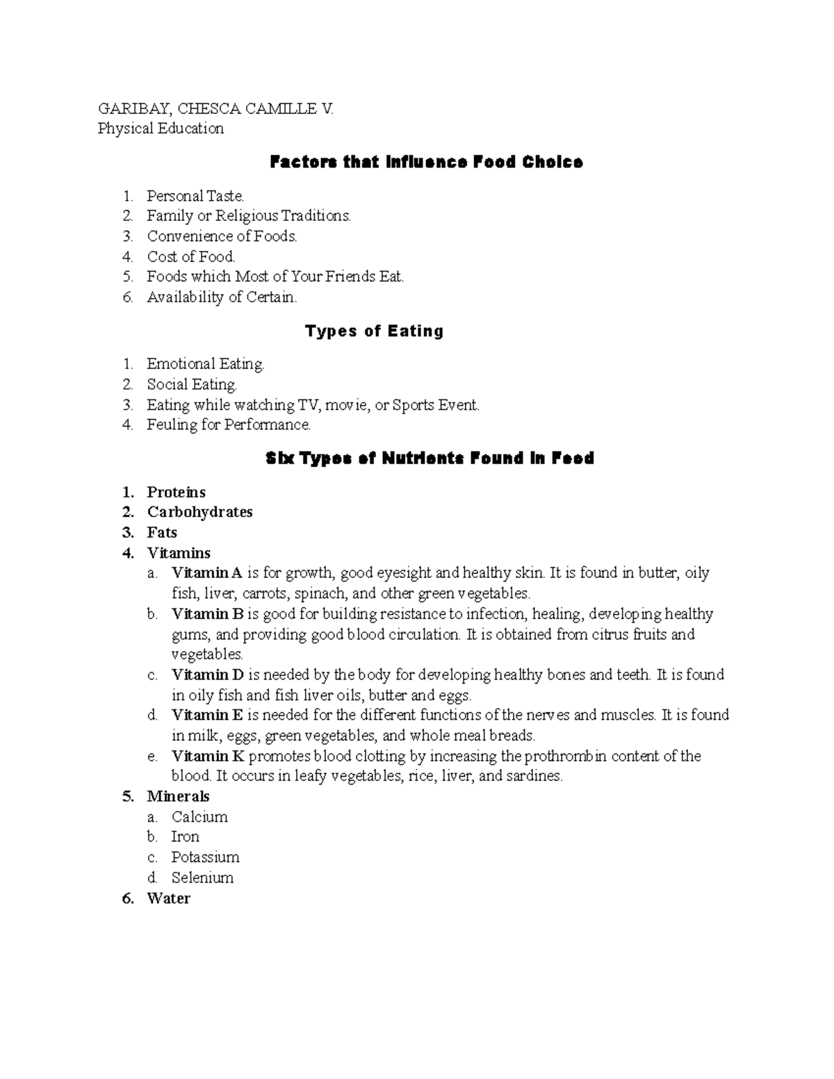 PE 101: Factors Influencing Food Choices and Nutrients Overview - Studocu