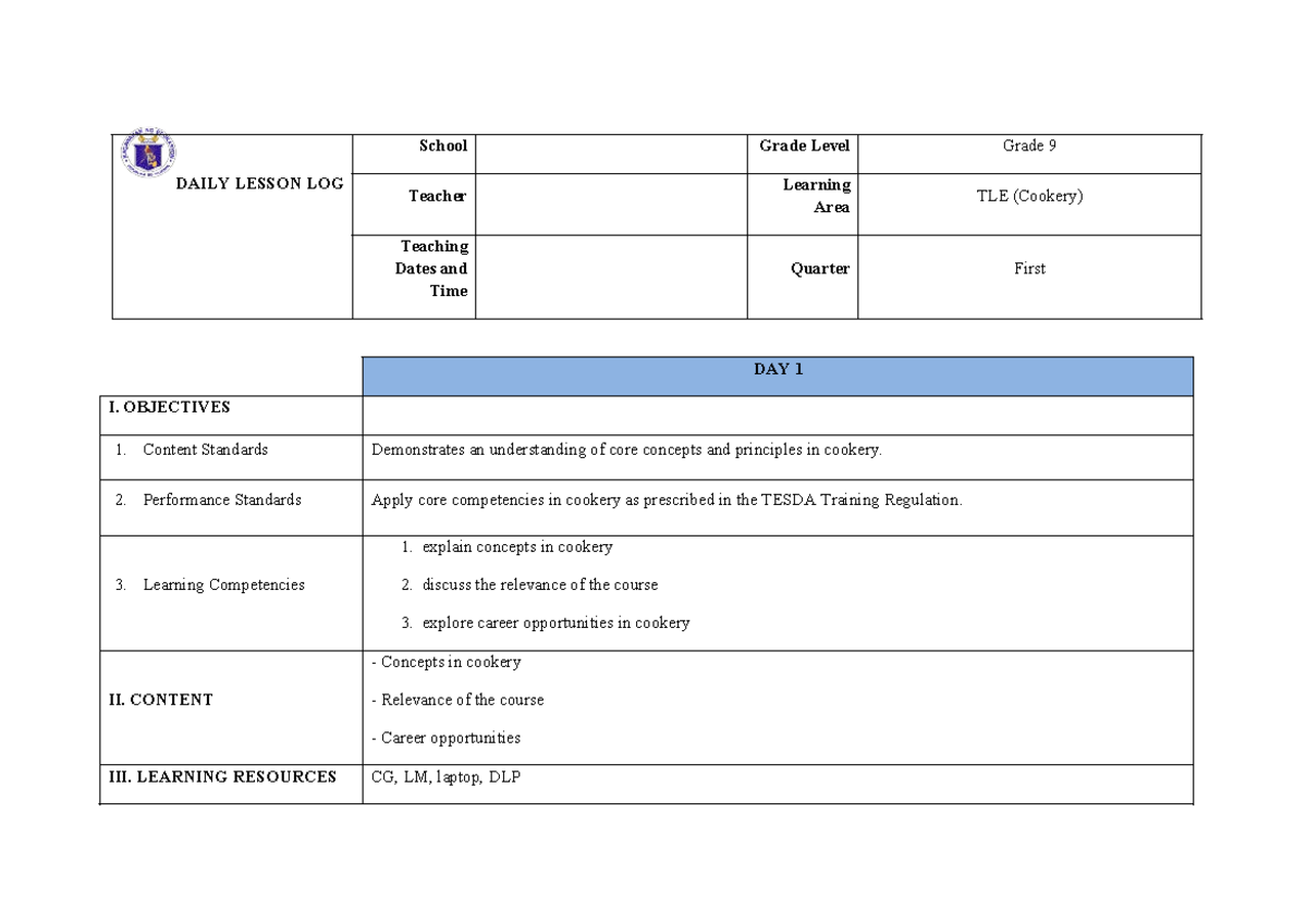 Concepts in cookery - DAILY LESSON LOG School Grade Level Grade 9 ...