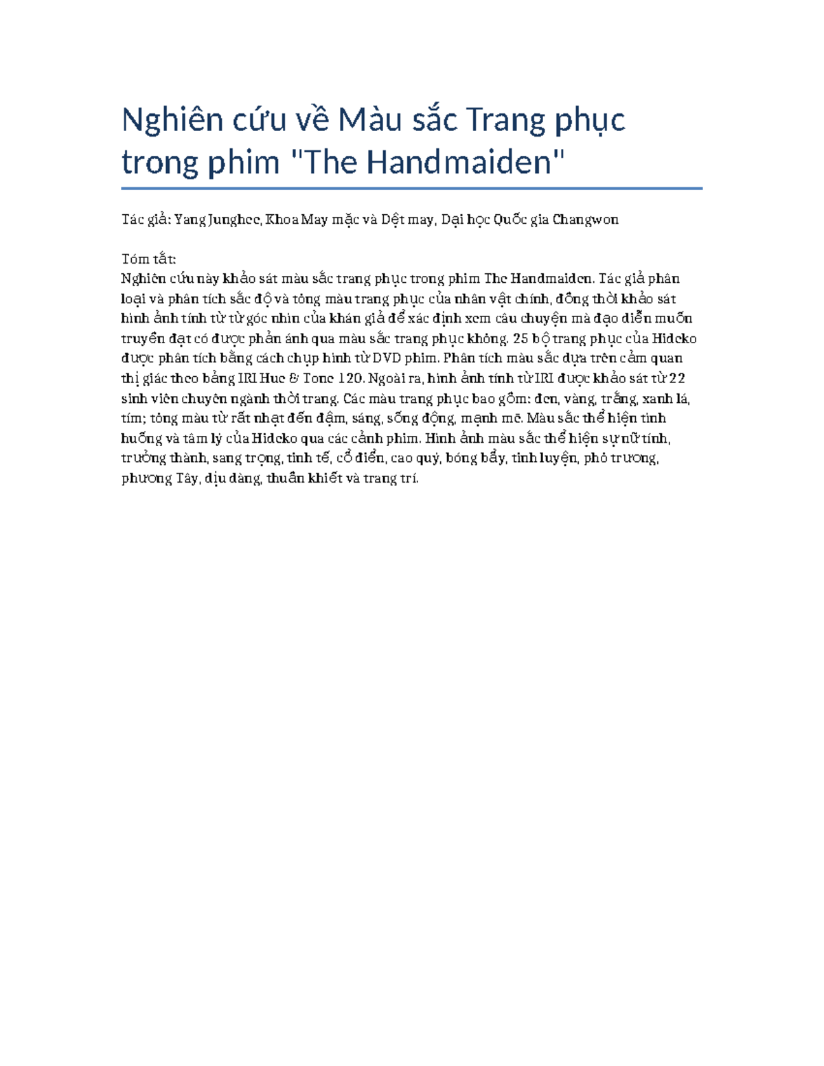 Nghiên cứu Màu sắc Trang phục trong The Handmaiden - TLT 2023 - Studocu
