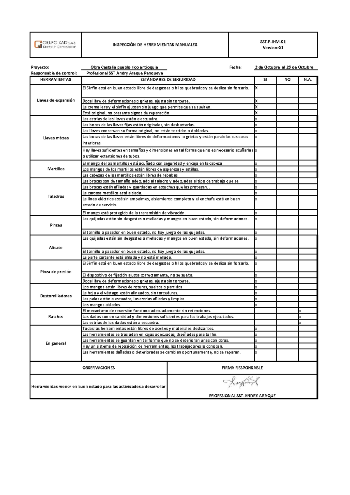 Inspeccion SST Octubre - Proyecto: Fecha: Responsable de control: HERRAMIENTAS SI NO N. X X X X ...
