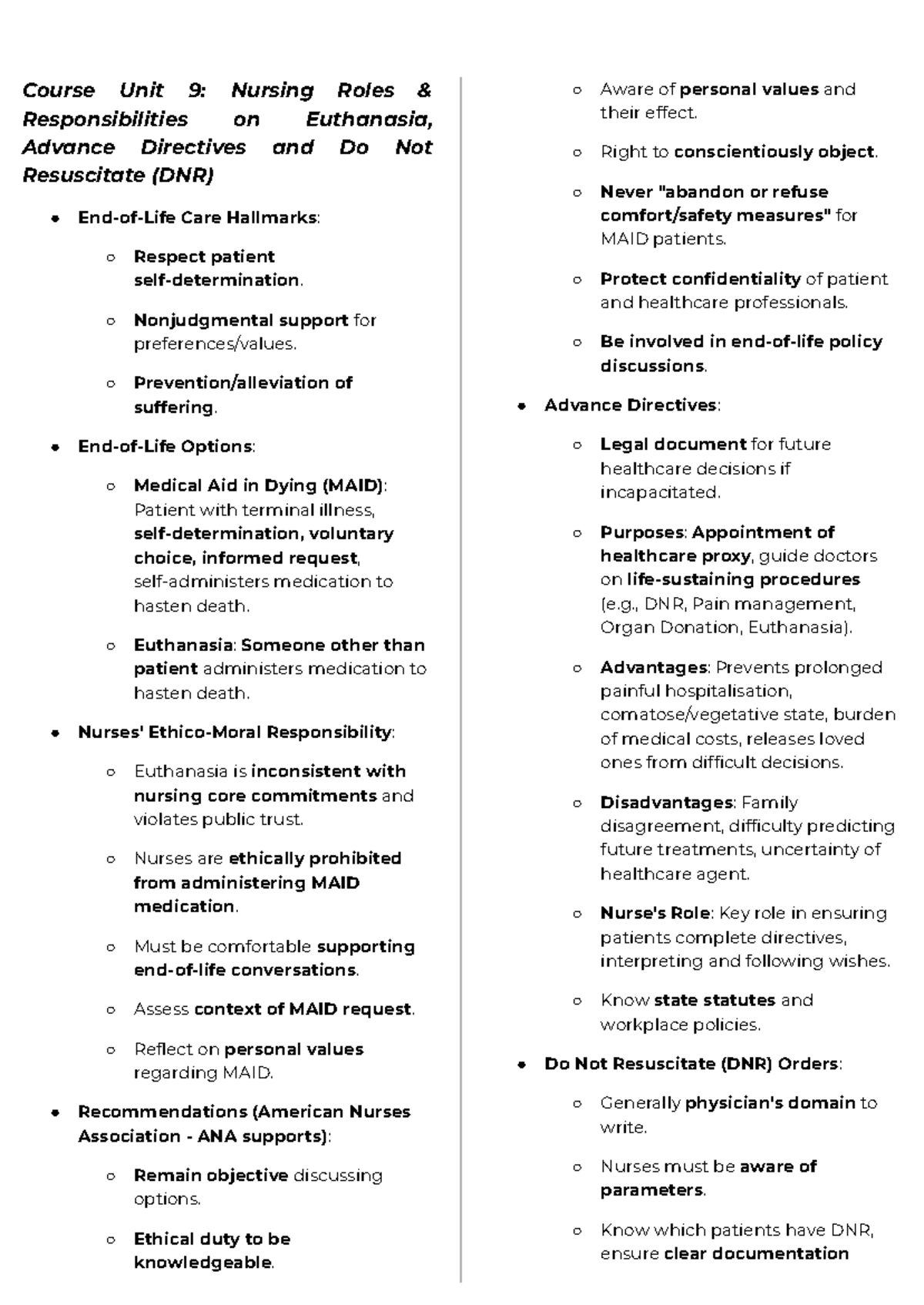 NUR 218: Final Exam Study Guide on Ethical Nursing Practices and Euthanasia - Studocu