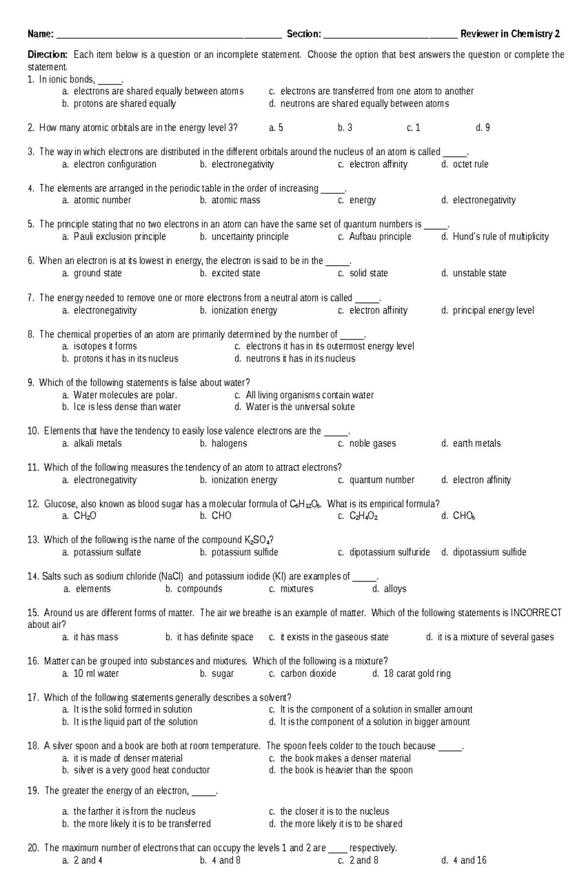 Chemistry 2: Comprehensive Reviewer for Final Exam Preparation - Studocu