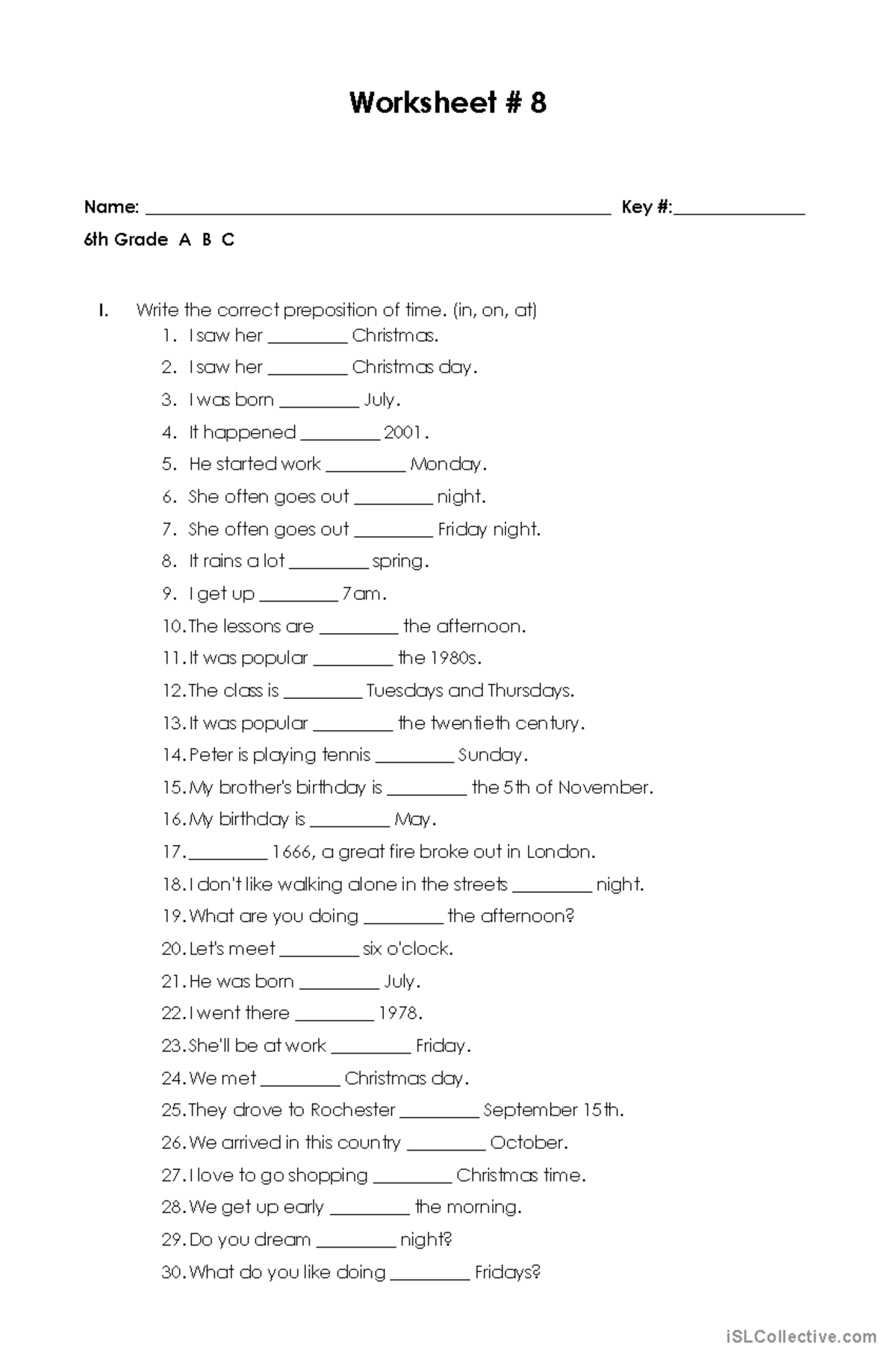 Prepositions Of Time Worksheet Grade 6