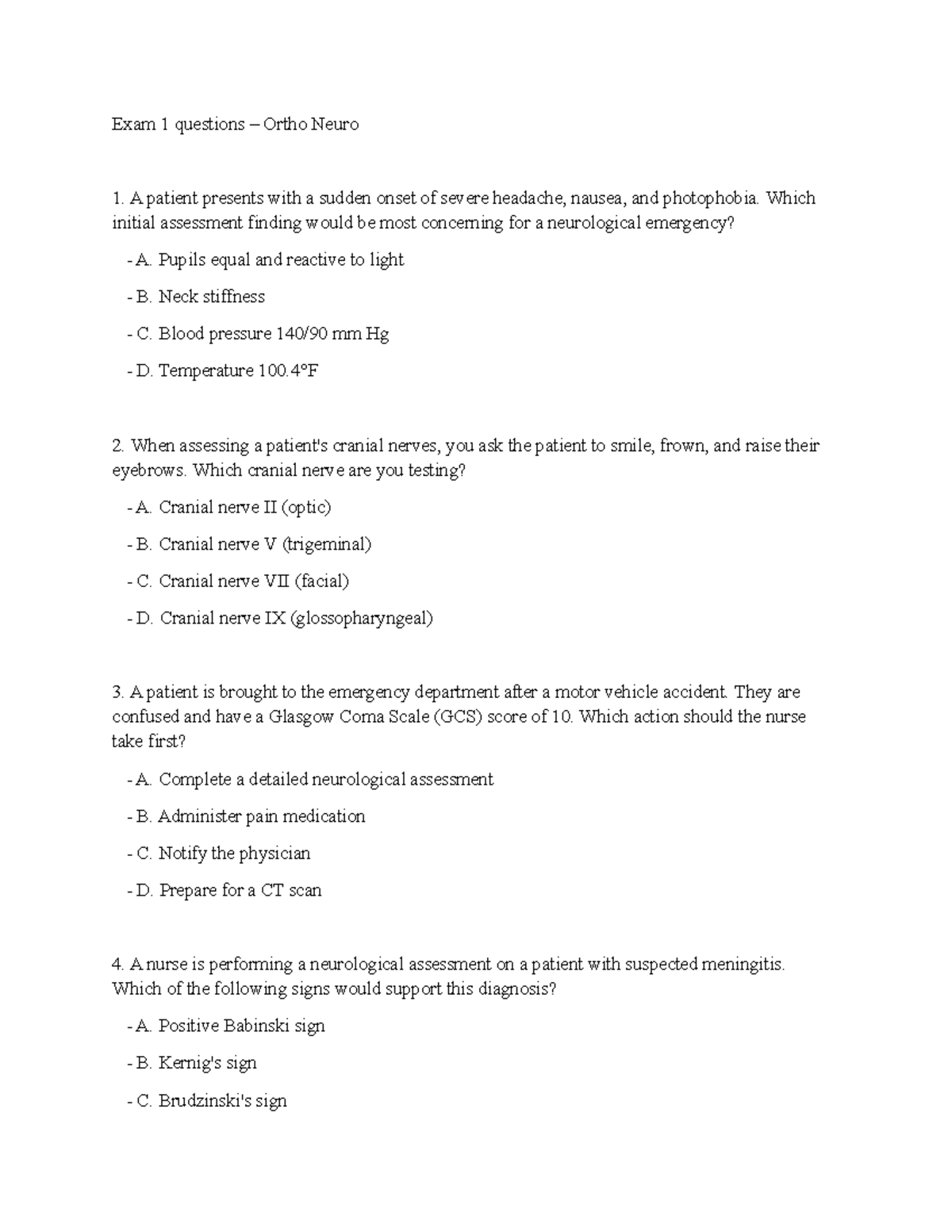 Exam 1 Practice Questions – Ortho Neuro Assessment Techniques - Studocu