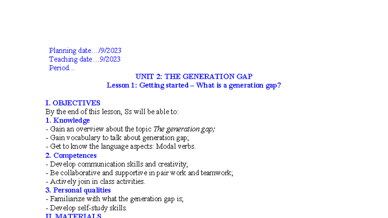 UNIT 2 (5512) Lesson Plan: Understanding the Generation Gap - Studocu