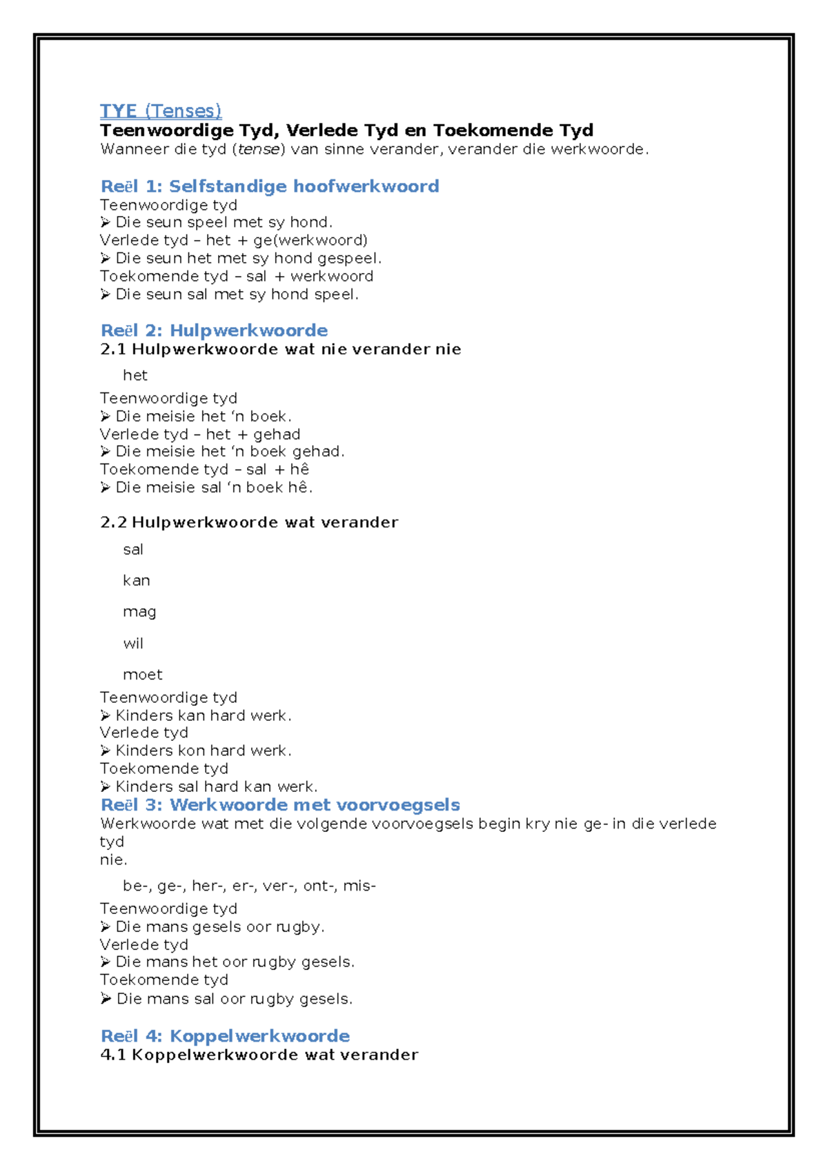 UIV TYE Notas - 'n Oorsig van Teenwoordige, Verlede en Toekomende Tyd ...