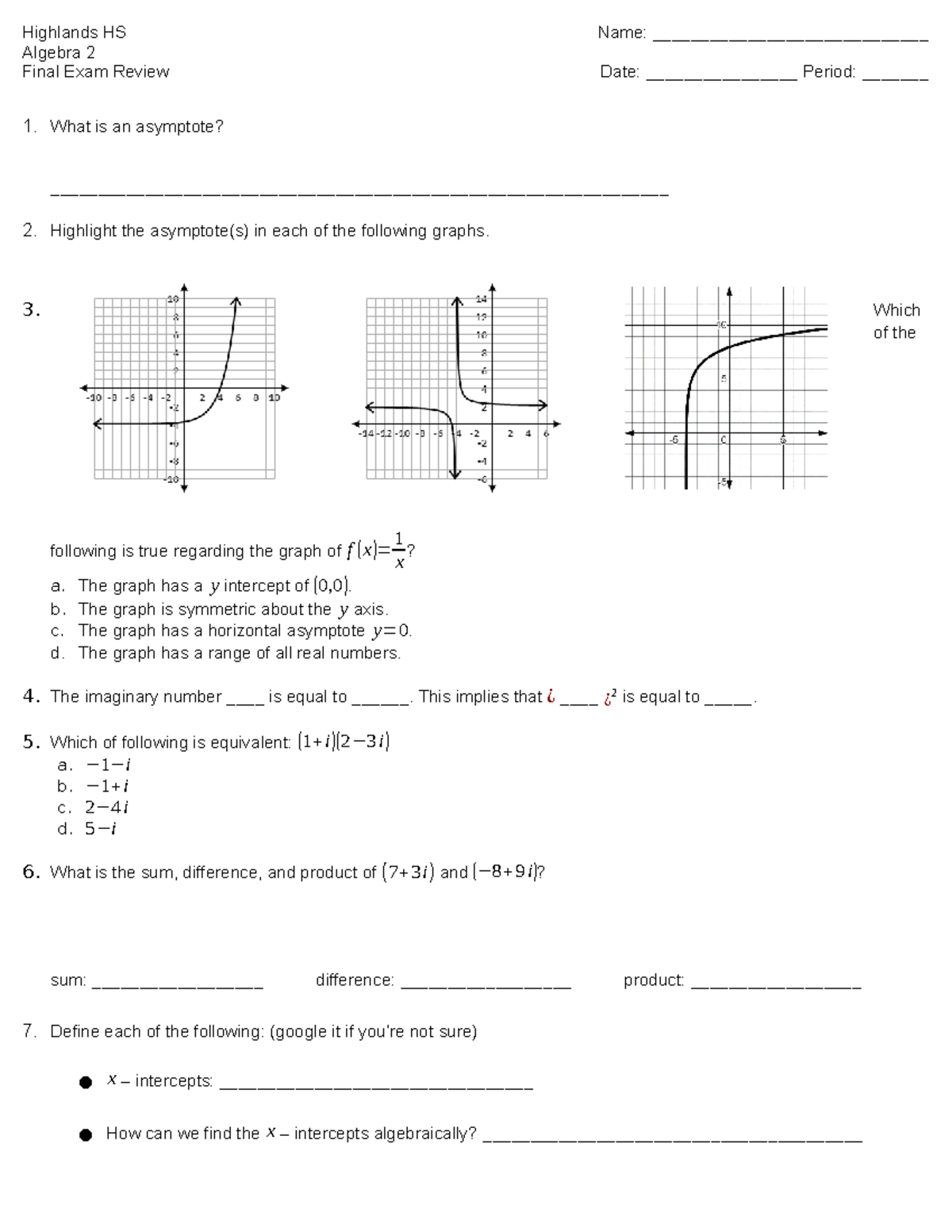 Algebra II Final Exam Review - Vertex, Exponential, and Inverse ...