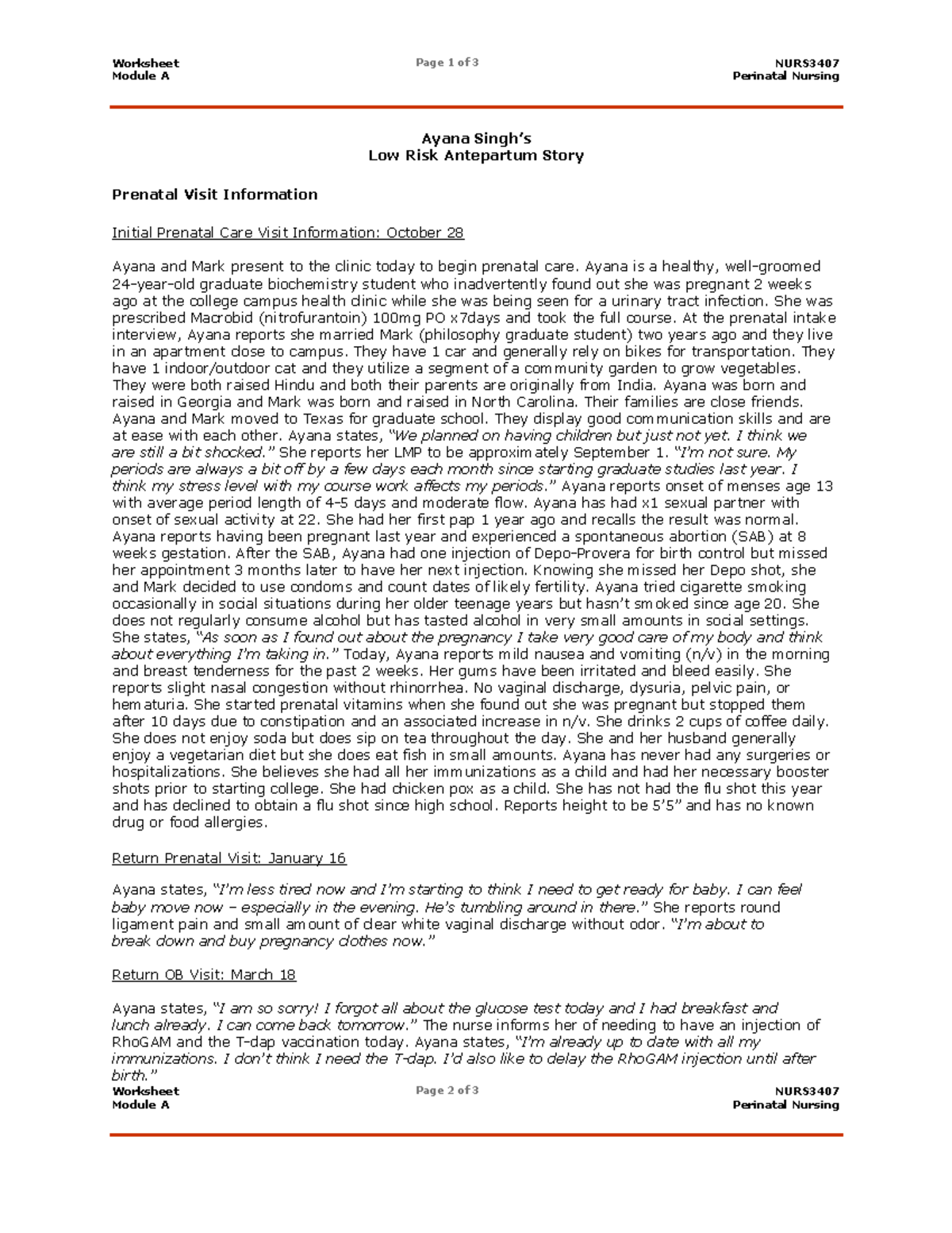 Module A - Ayana Worksheet - Worksheet Module A Page 1 of 3 NURS ...