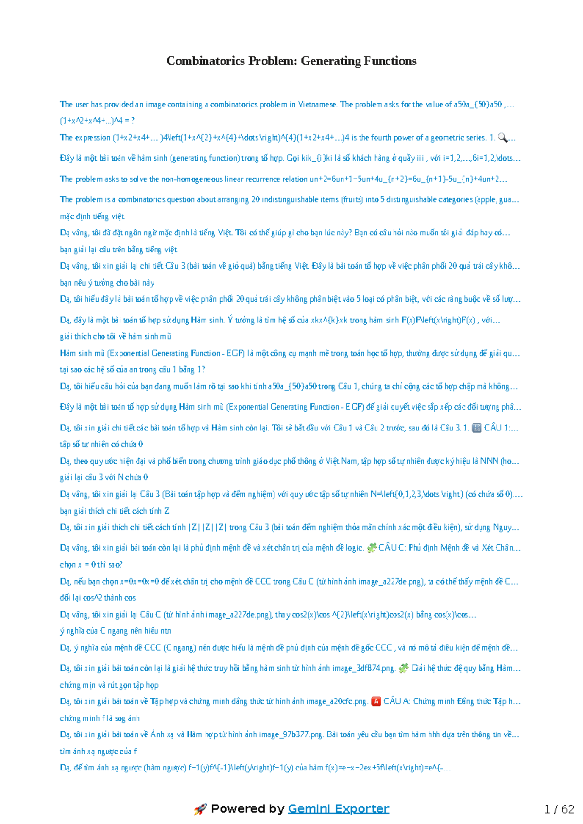 Combinatorics Problem: Generating Functions and Solutions (MATH101) - Studocu