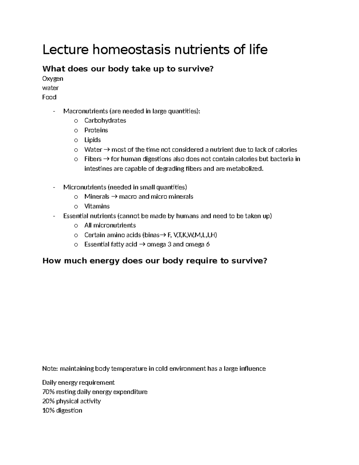 Lecture on Homeostasis and Nutritional Requirements for Life - Studeersnel