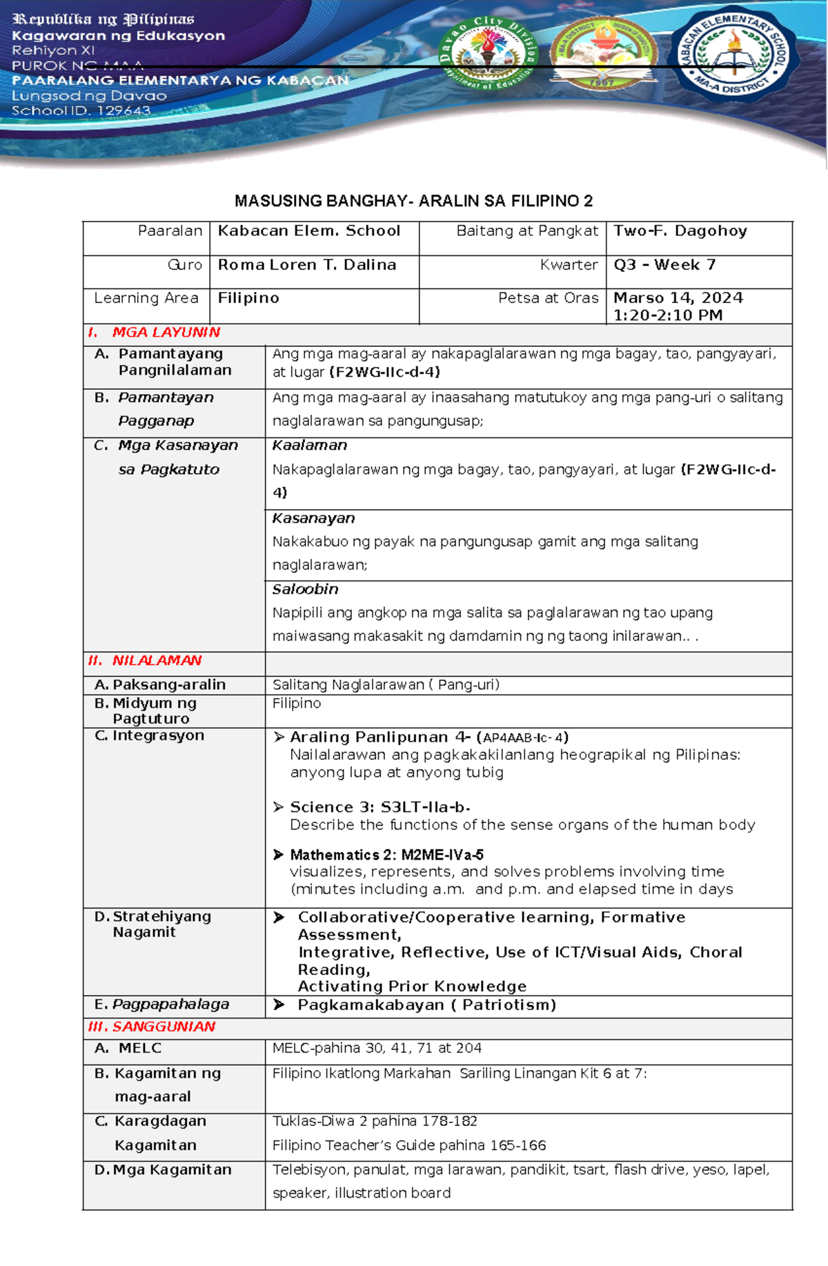 COT-Detailed Lesson Plan for Filipino 2 Q3, Week 7 - 2023-2024 - Studocu