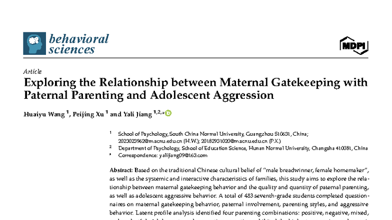 Exploring Maternal Gatekeeping, Paternal Parenting, and Adolescent ...