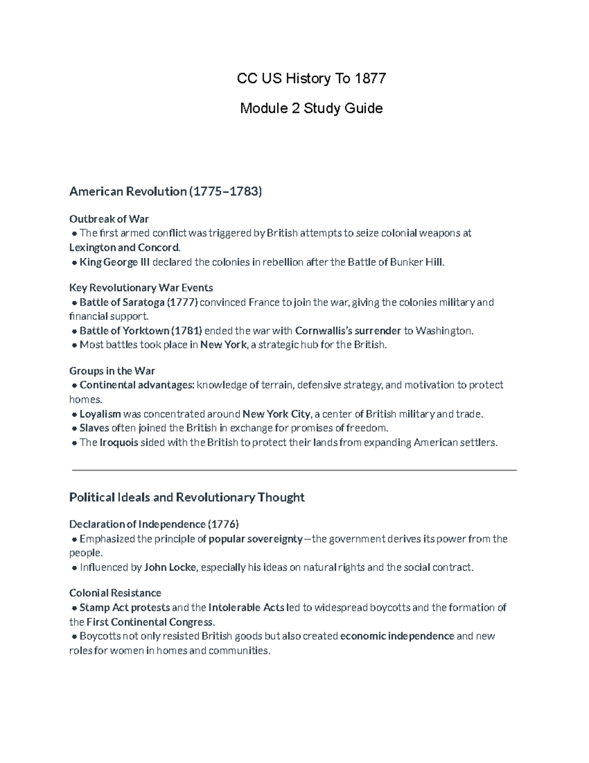 CC US History To 1877 Module 2 Study Guide: American Revolution ...