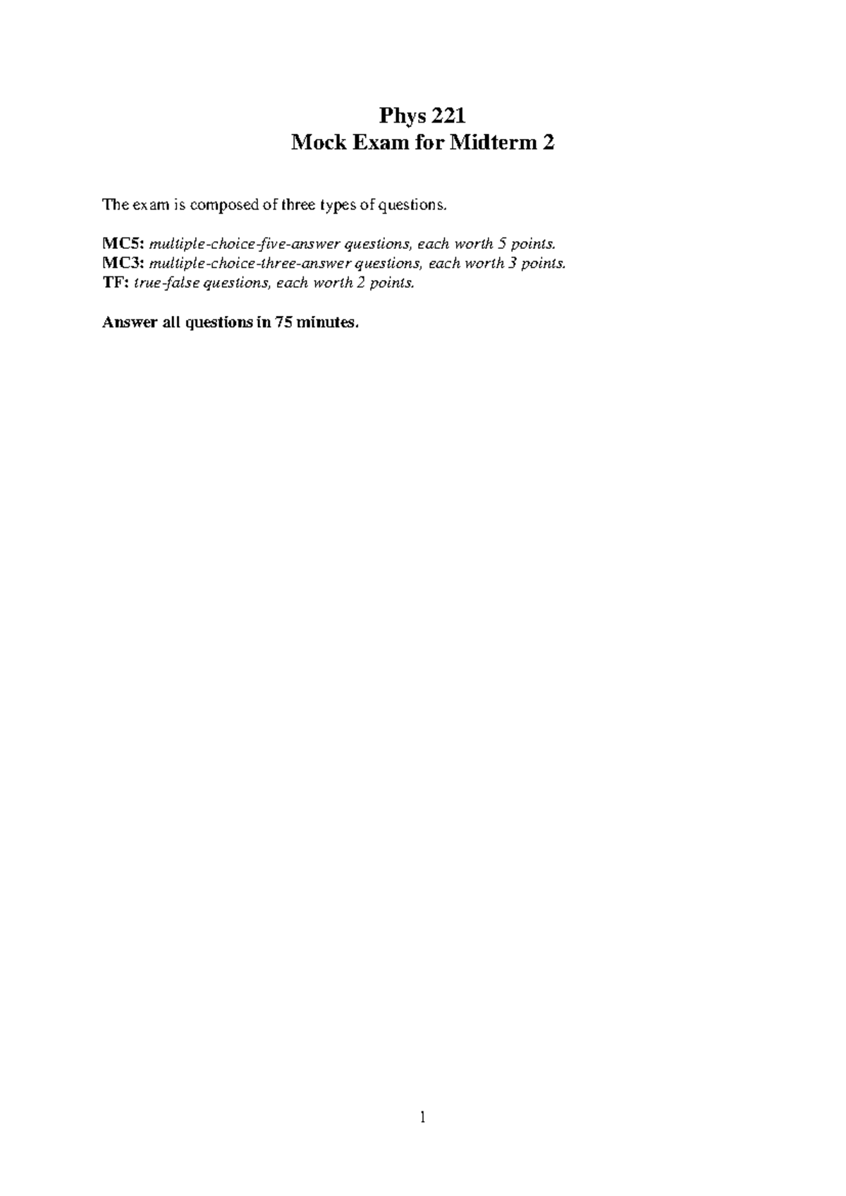 Phys 221 Mock Exam II with solutions-2 - Phys 221 Mock Exam for Midterm 2 The exam is composed ...
