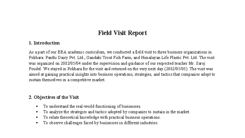 BBA Field Visit Report: Insights from Pokhara Businesses - Studocu