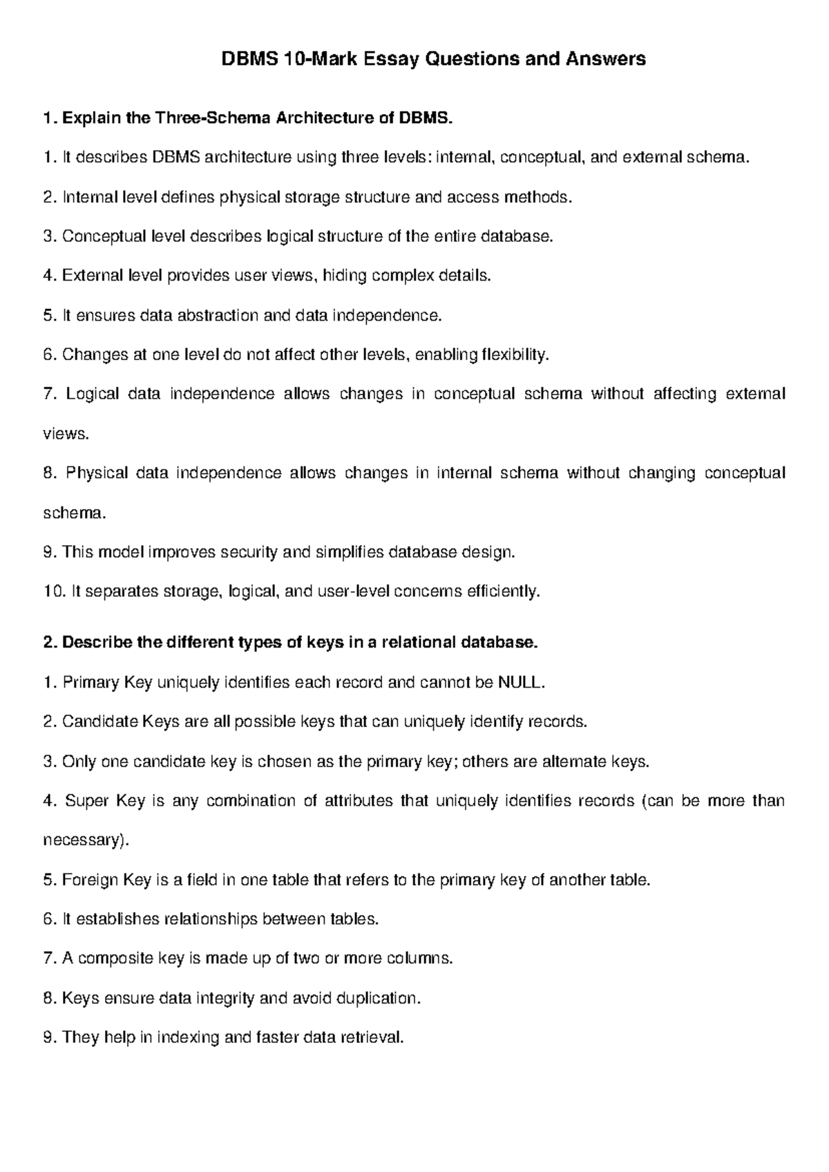 DBMS 10 Mark Questions: Key Concepts and Architecture Explained - Studocu