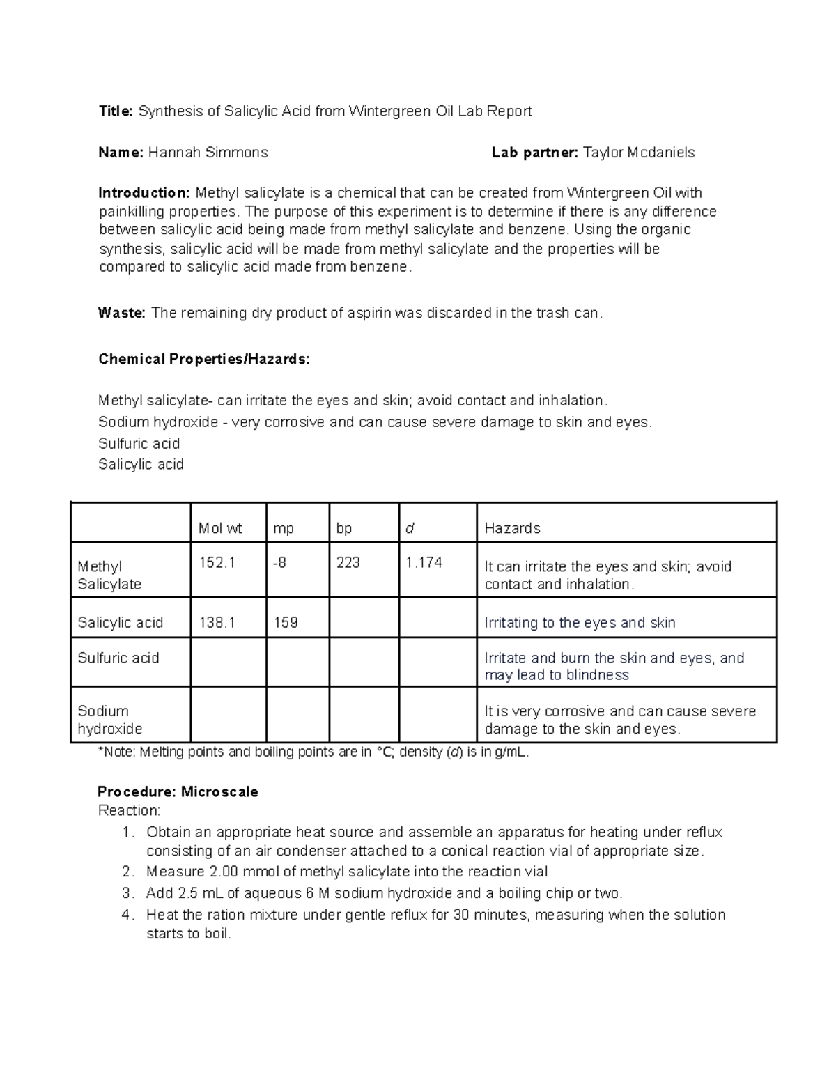 Synthesis of Salicylic Acid from Wintergreen Oil Lab Report (Labs-2 ...
