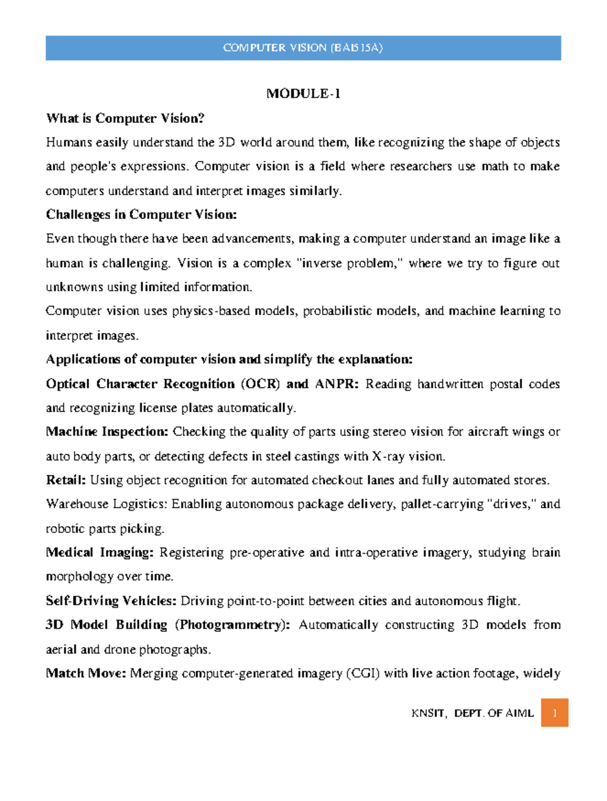 CV MOD 1 Notes: Understanding Computer Vision and Image Processing ...