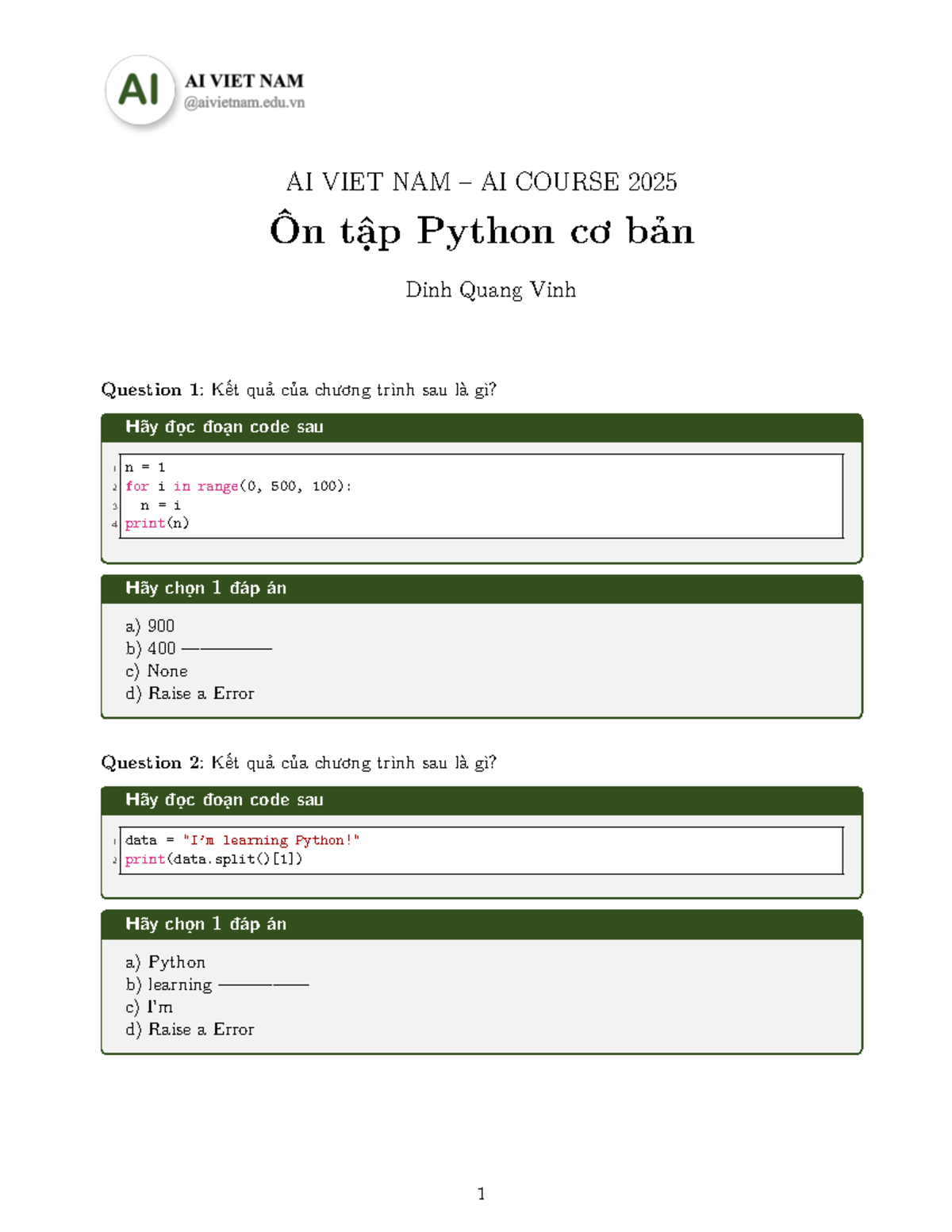 AIO2025 Python Review: Practice Questions and Answers - Studocu