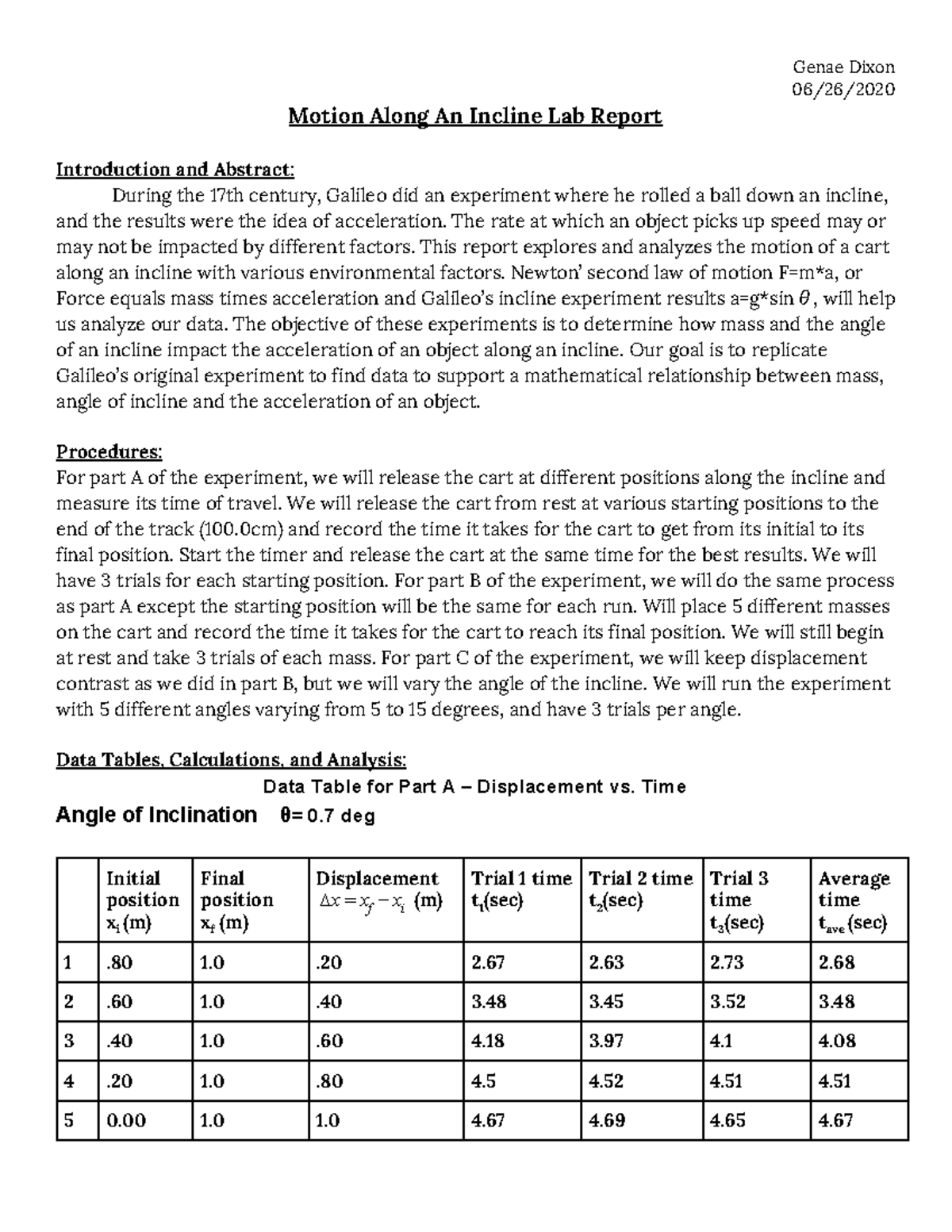Lab Report: Motion on Incline - Impact of Angle & Mass (Physics 101 ...