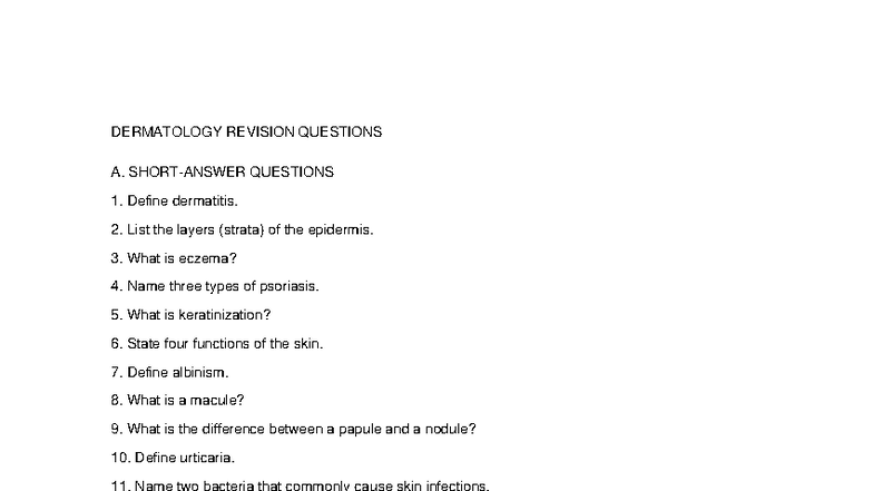 DERM 101: Dermatology Revision Questions and MCQs - Studocu