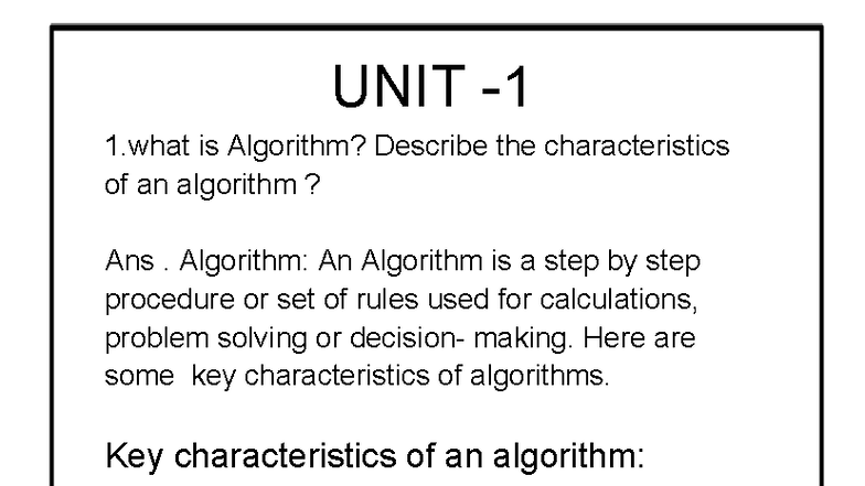 ADS UNIT 1 - Understanding Algorithms and Their Characteristics - Studocu