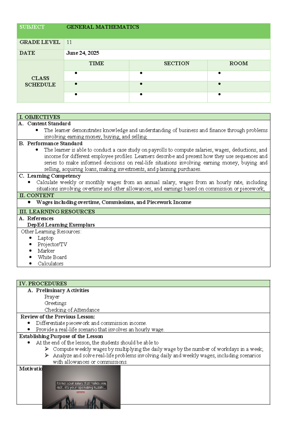 Lesson Plan: General Mathematics (Grade 11) - Wages & Earnings ...