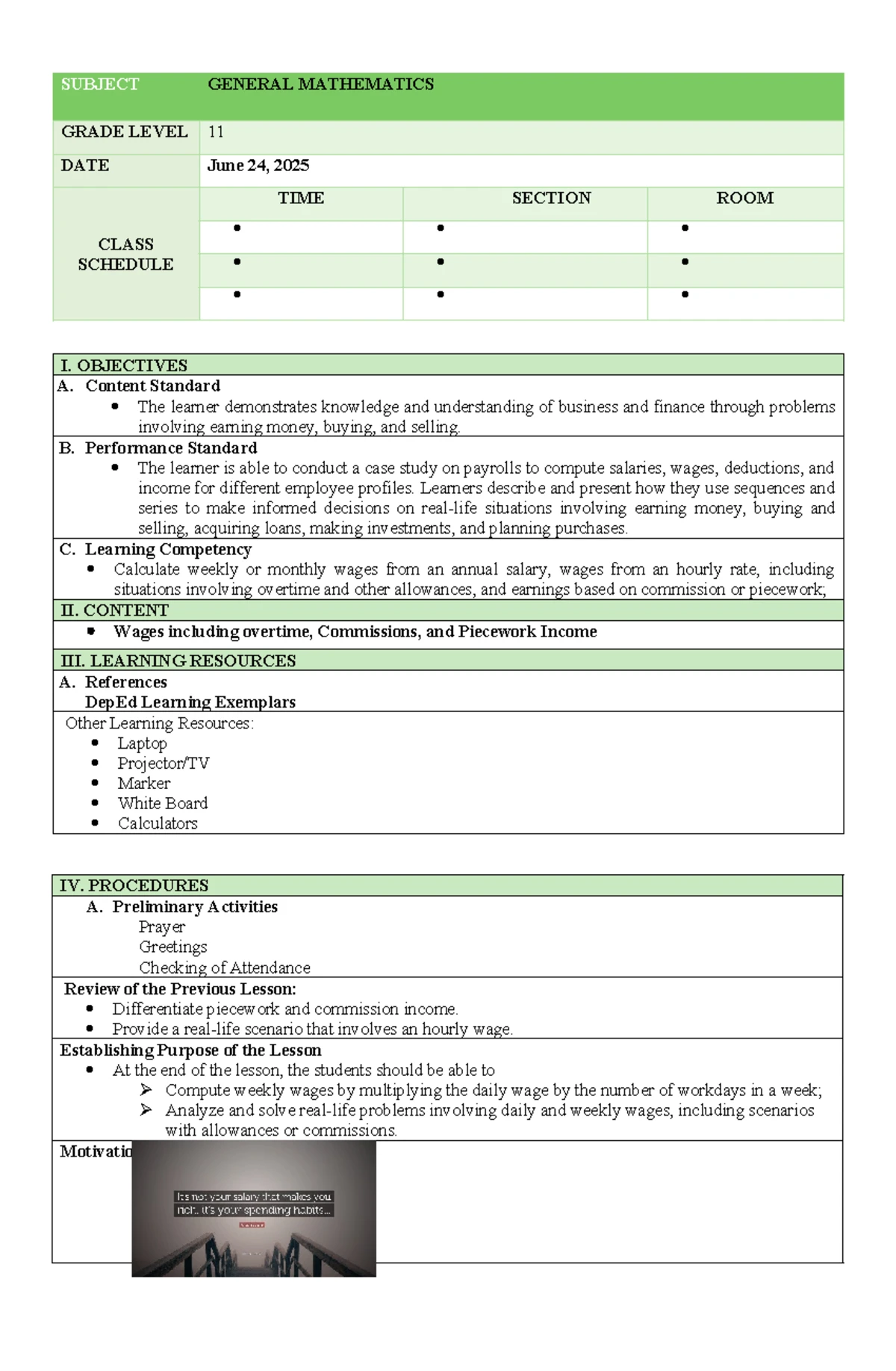 General Mathematics Grade 11 Lesson Plan: Gross vs. Net Pay Analysis ...