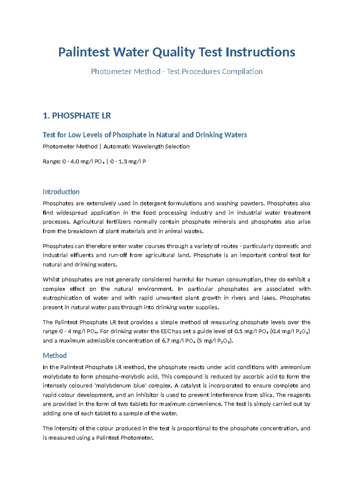 Water Quality Test Instructions: Palintest Methods for Phosphate ...