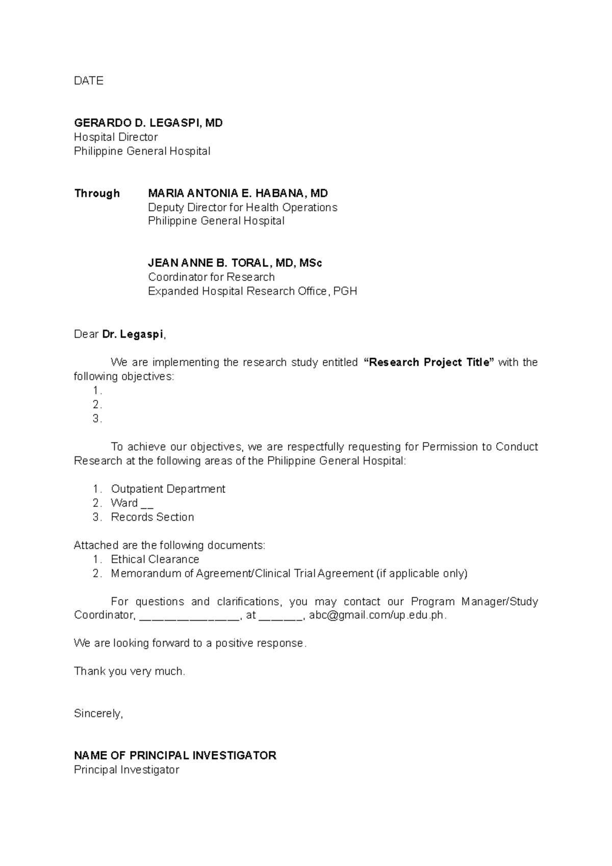 Sample Permit Request Letter for Research at PGH - Studocu
