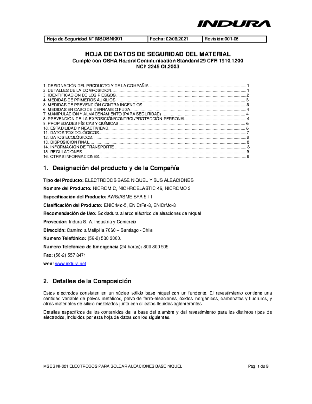 MSDSNI001: Hoja de Datos de Seguridad para Electrodos de Niquel - Studocu