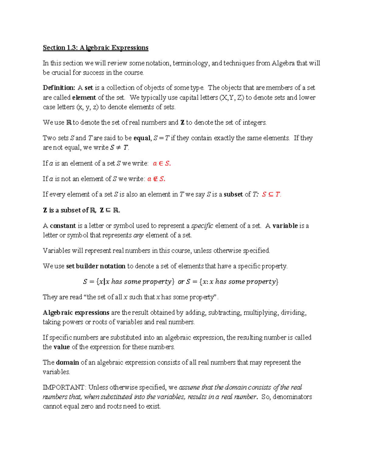 Algebra 1 Final Exam Notes: Algebraic Expressions (Section 1.3) - Studocu
