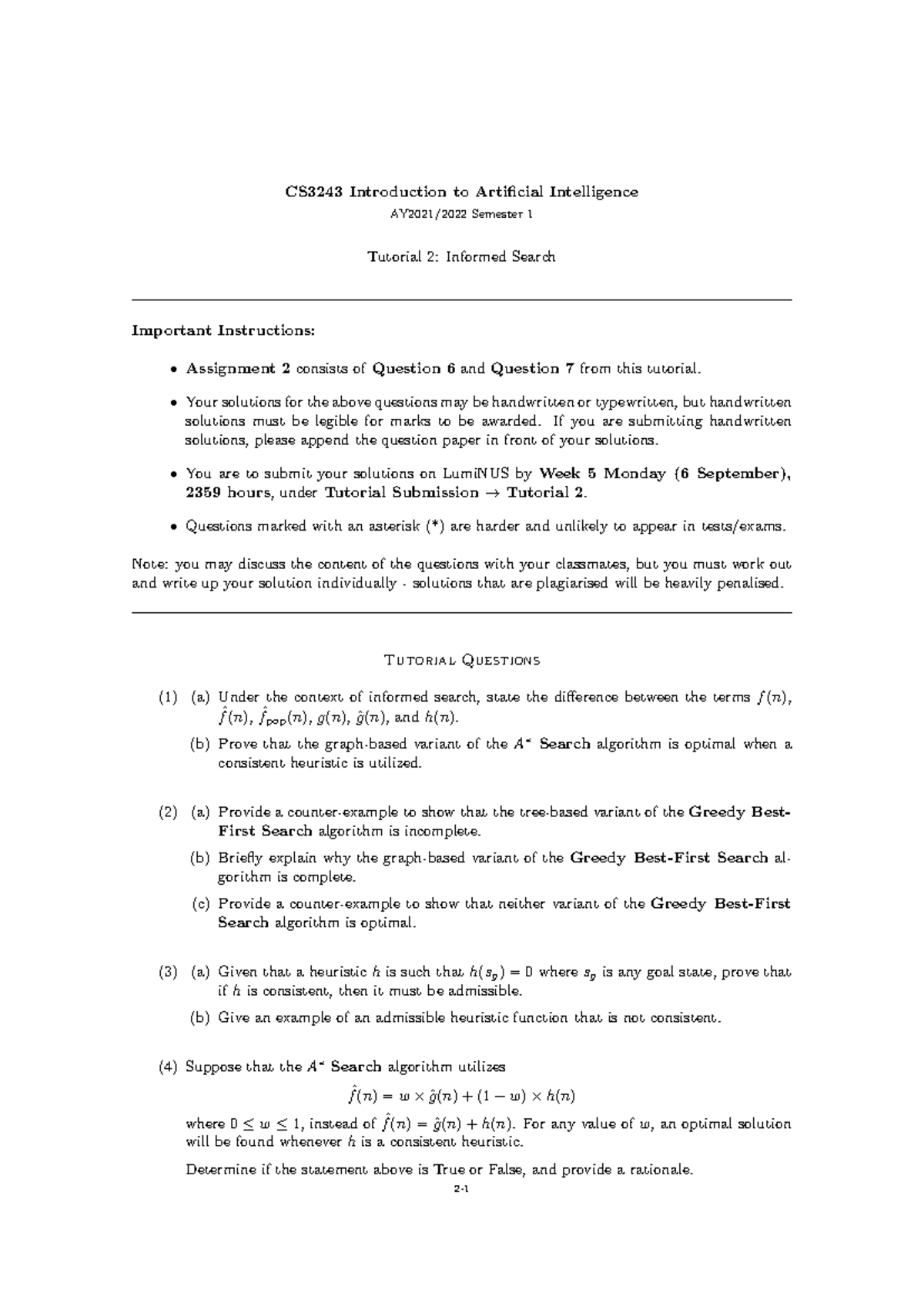 Tutorial 2 CS3243 Intro to Artificial Intelligence - CS3243 ...