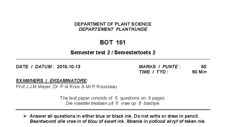 BOT 161 Semester Test 2 - Plant Science 2015 Exam Paper - Studocu