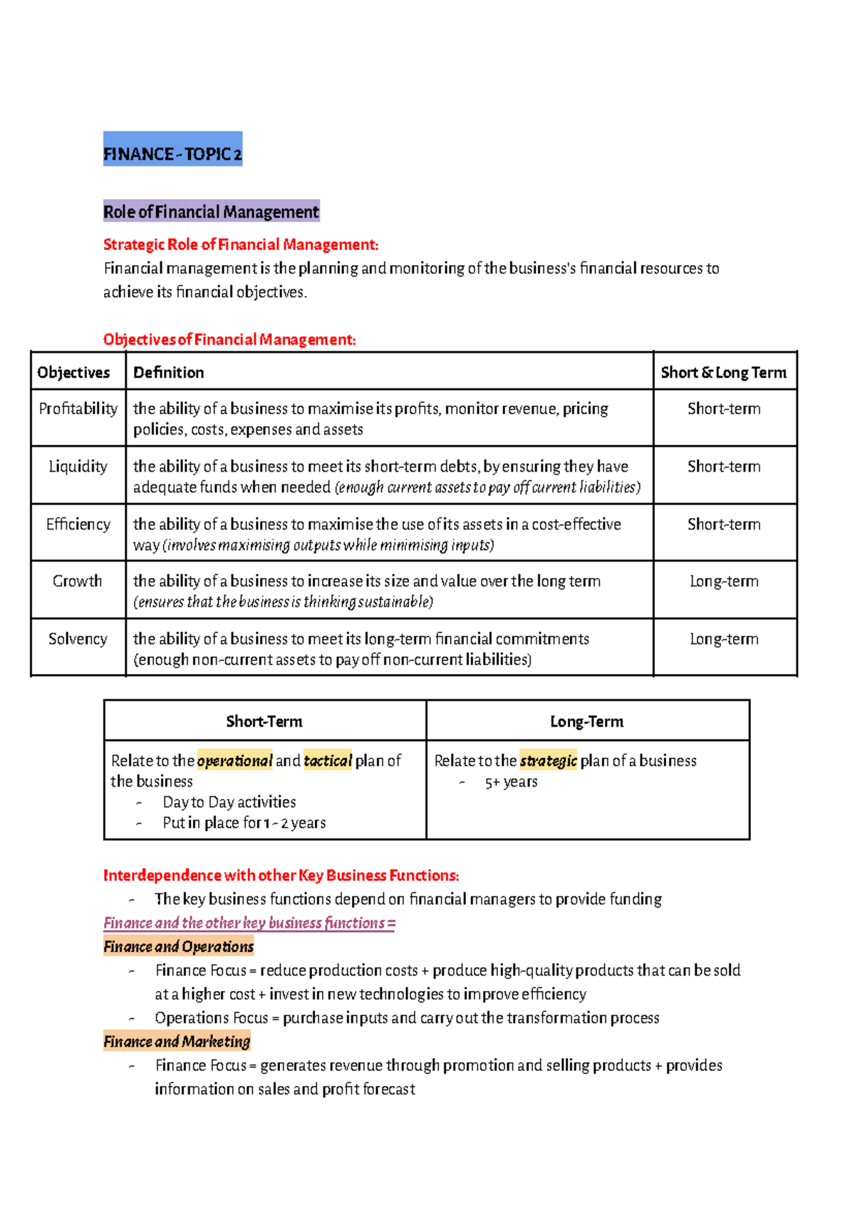 FINANCE 12 Year 12 Finance Notes: Role of Financial Management - Studocu