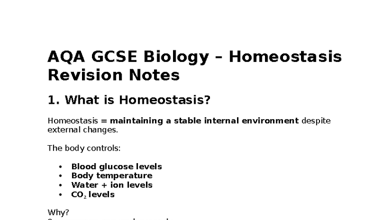 AQA GCSE Biology Homeostasis Revision Notes and Control Systems - Studocu