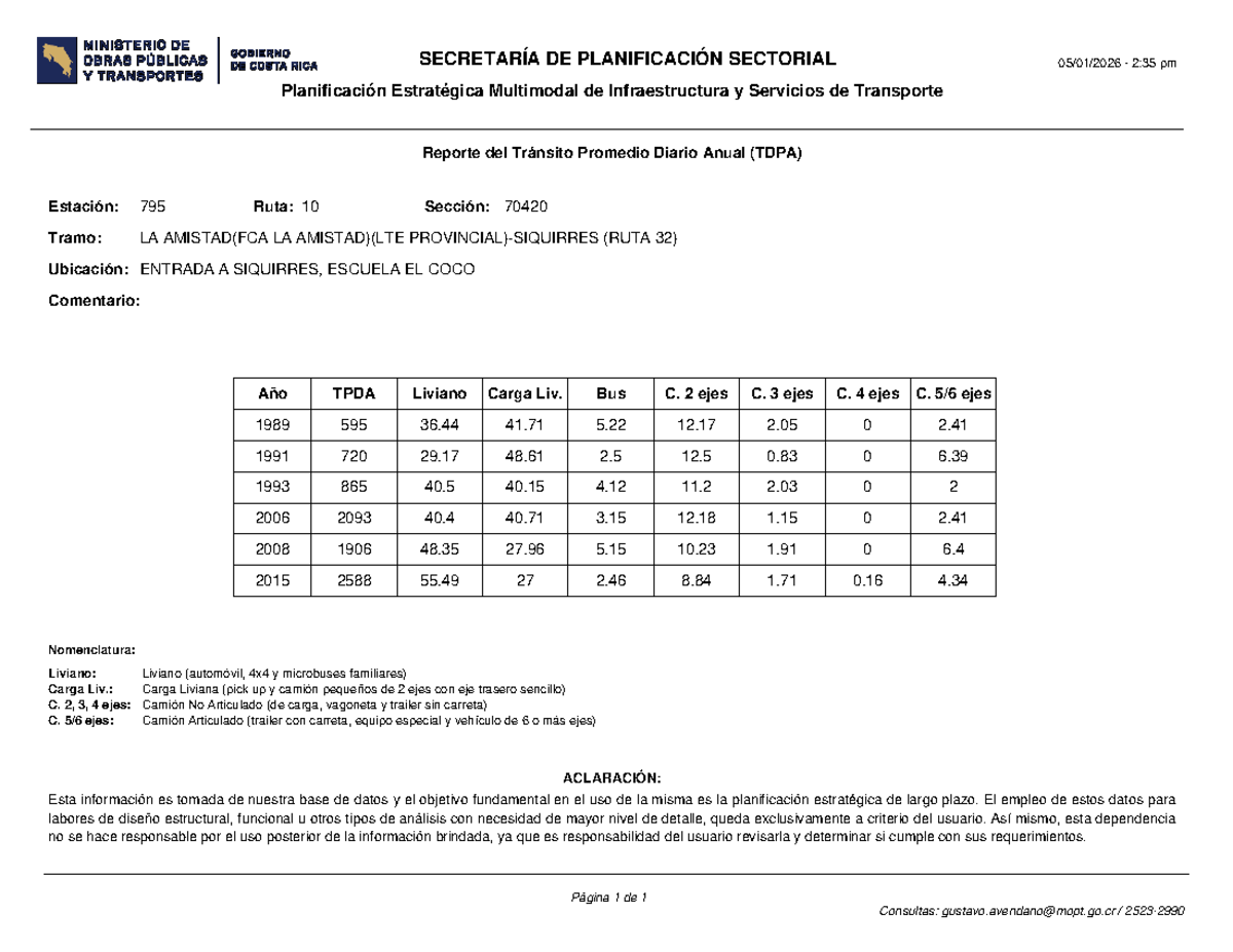 Anexo 3: Certificación del Tránsito Promedio Diario Anual (TPDA) - Studocu