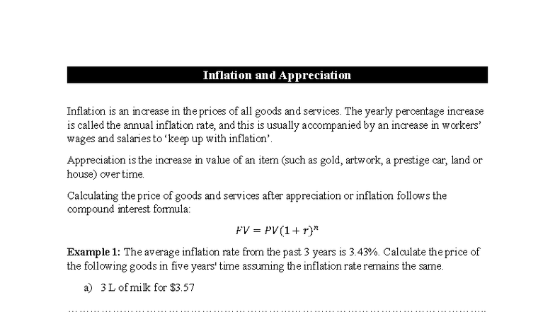 Inflation and Appreciation Review: Year 12 Standard 2 Mathematics - Studocu