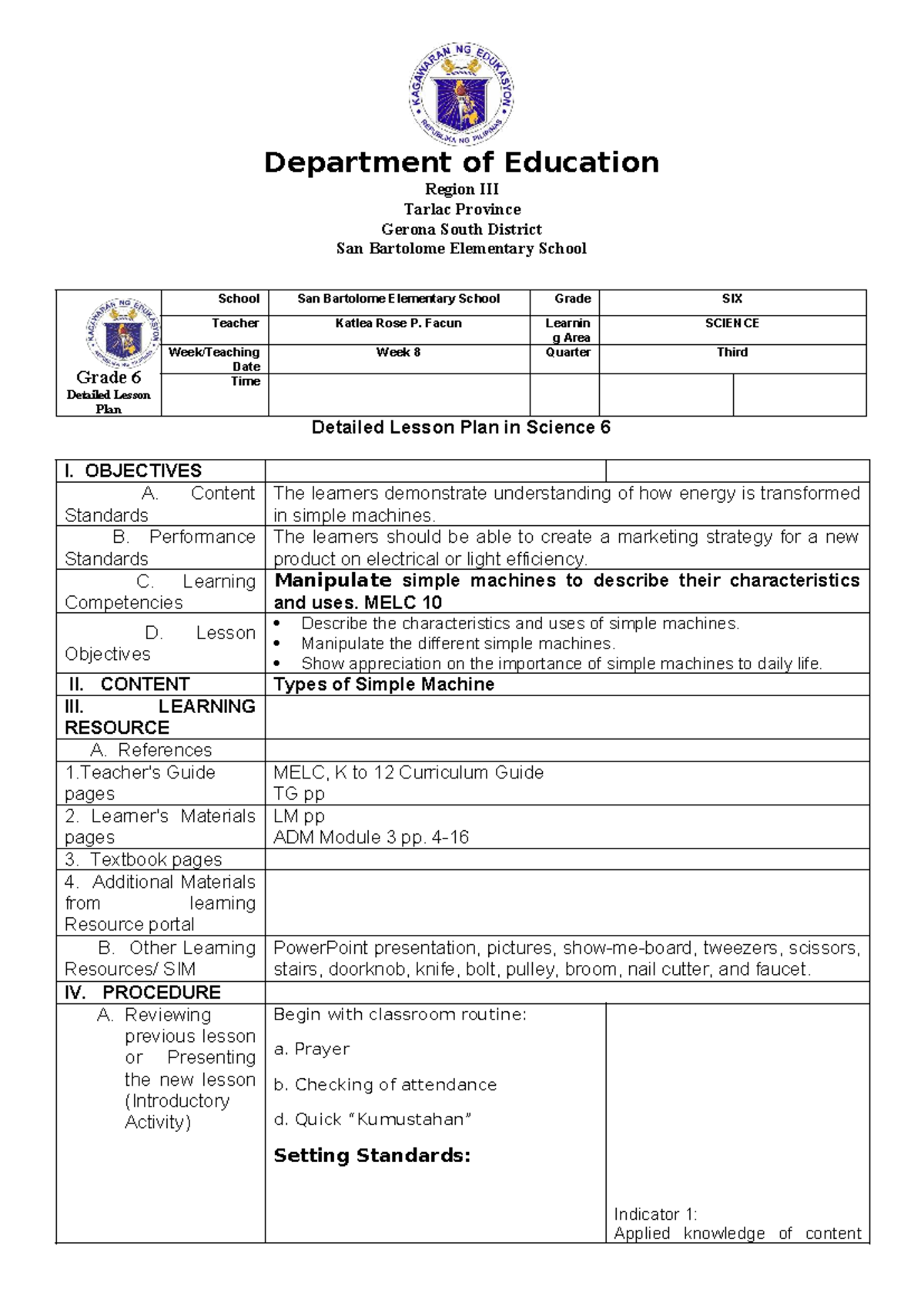 COT- Science 6 - Quarter 3 - Week 8 Detailed Lesson Plan on Simple ...