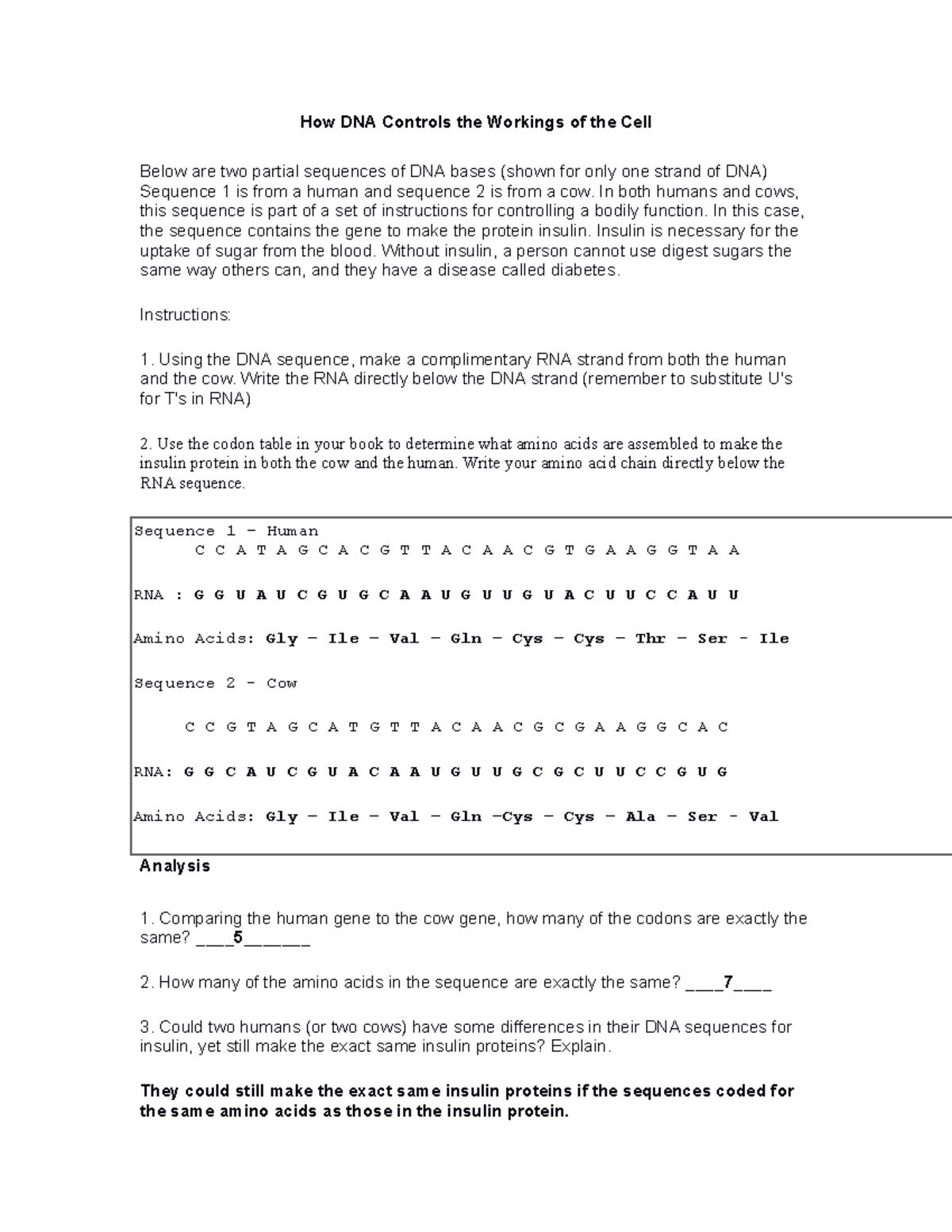 DNA Worksheet Answers: Understanding Insulin Genes in Humans & Cows ...
