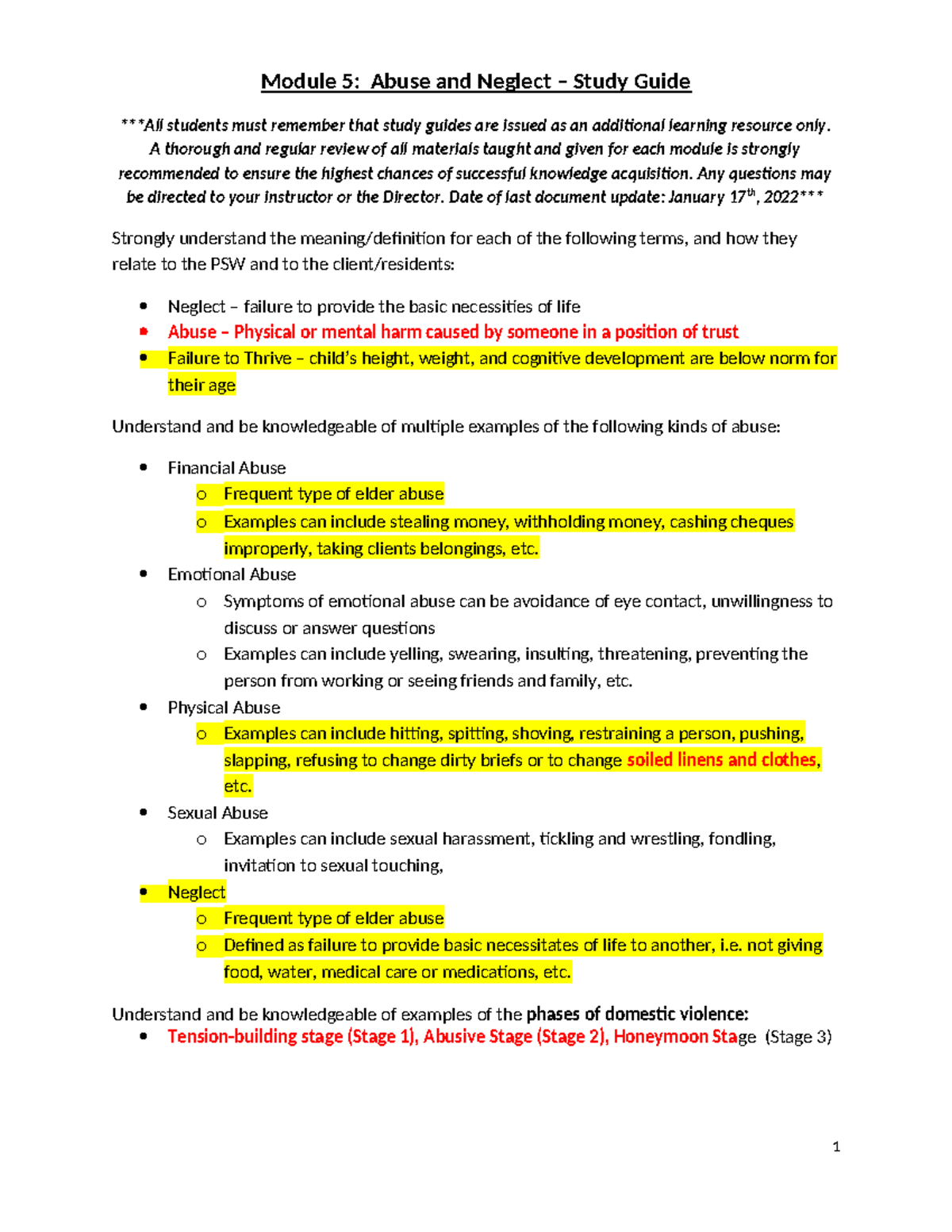 Module 5 - Study Guide on Abuse and Neglect in PSW Context - Studocu